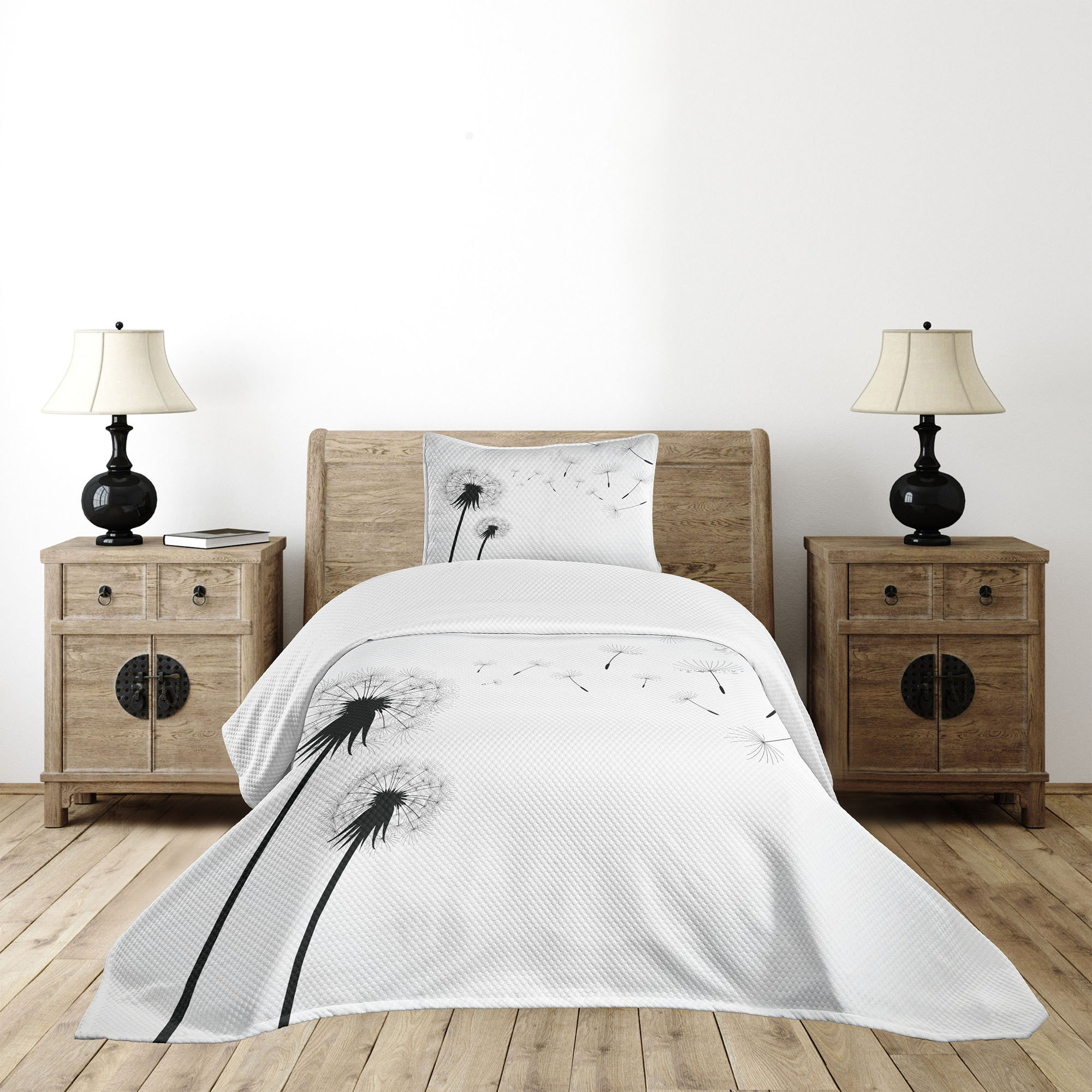 Ambesonne Dandelion Bedspread Set Blowing Away Floral Black White | Wayfair