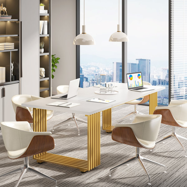 Mercer41 70.9" Modern Office Desk, White Executive Desk With Gold Metal ...