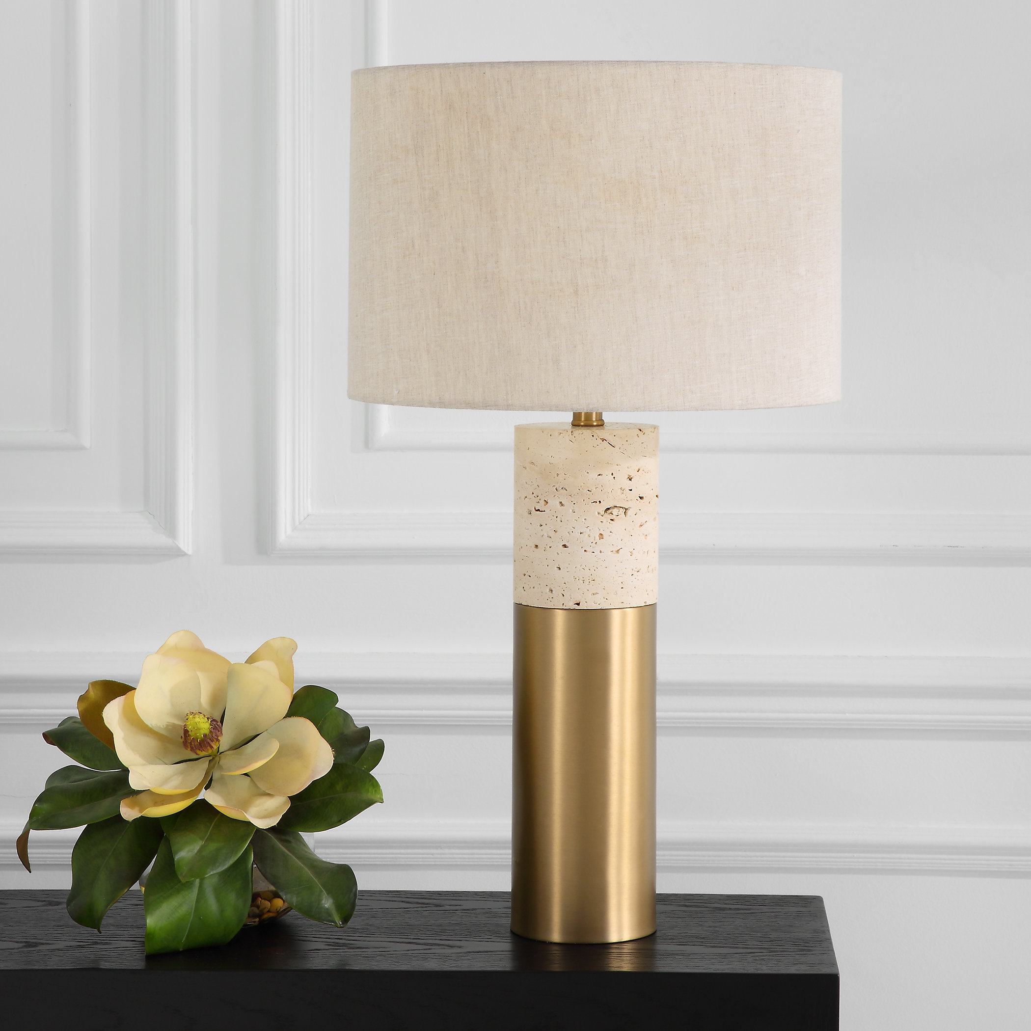 Everly Quinn Iron + Off White Travertine + Linen Table Lamp - Wayfair ...