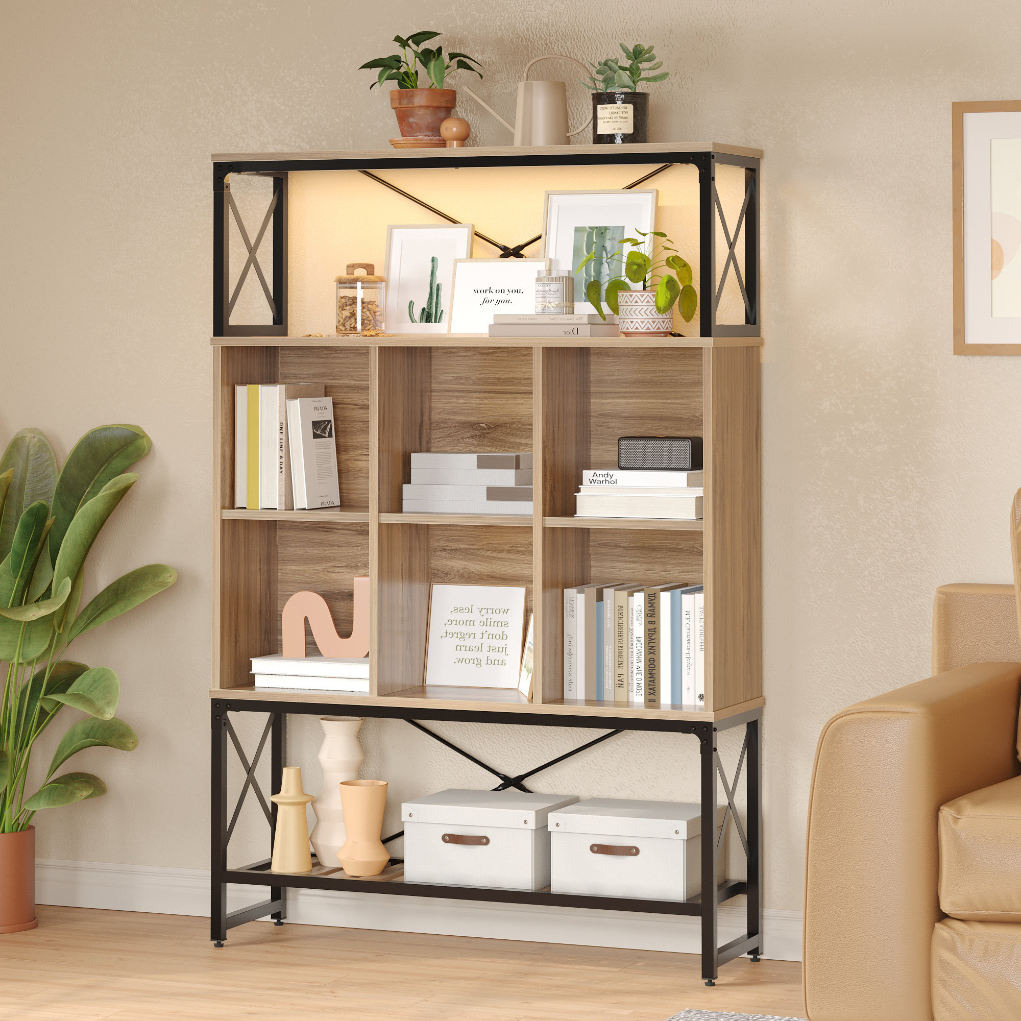 Trent Austin Design® Fortney 43" W Bookshelf with LED Light, Industrial ...
