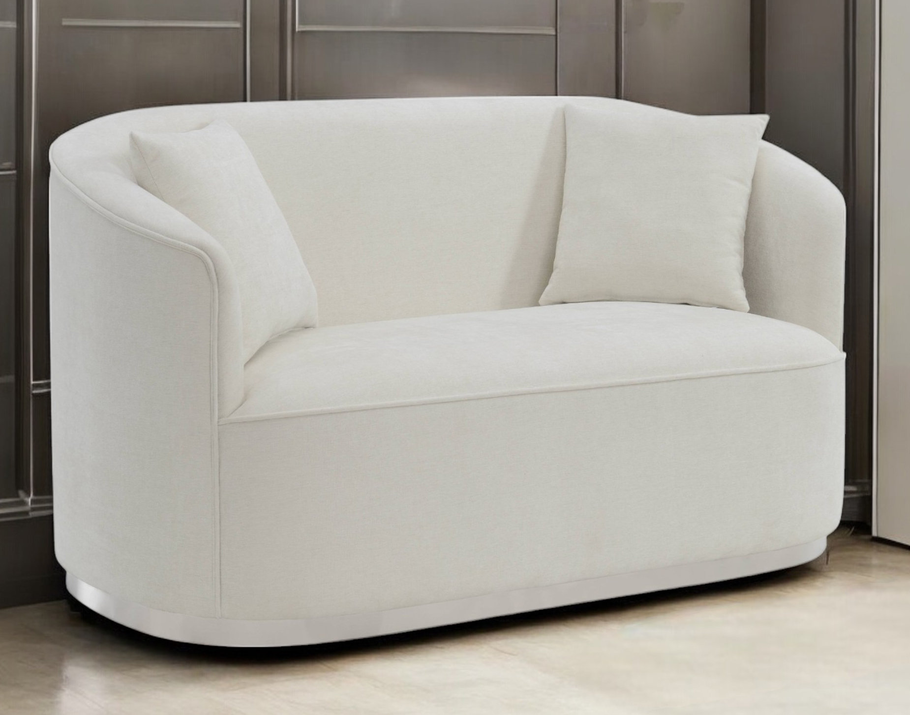 Ivy Bronx Sloped Arm Barel Shape Loveseat With 2 Pillows, Beige ...