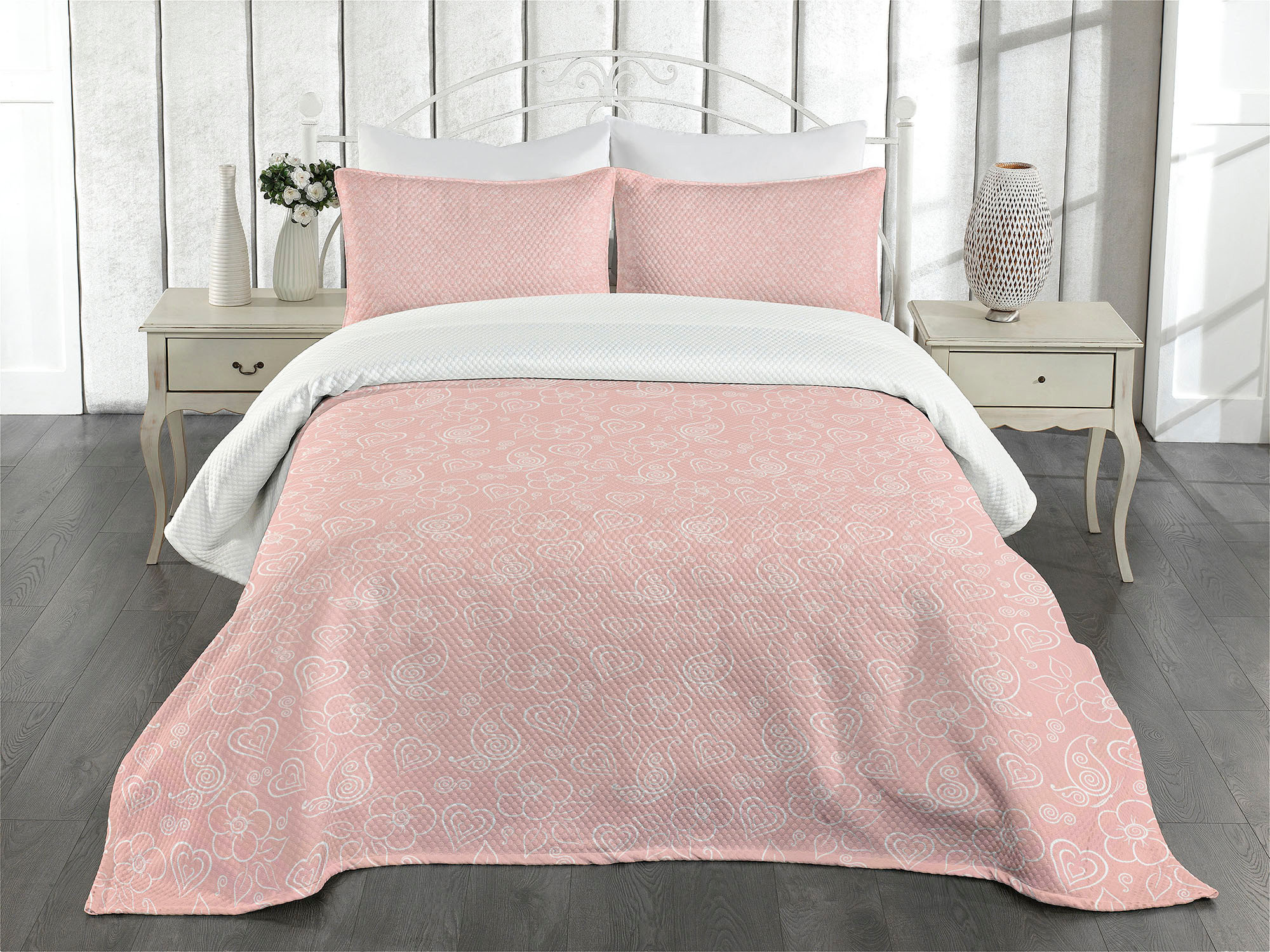 Ambesonne Pale Pink Bedspread Set Flowers Spiral Coral White | Wayfair