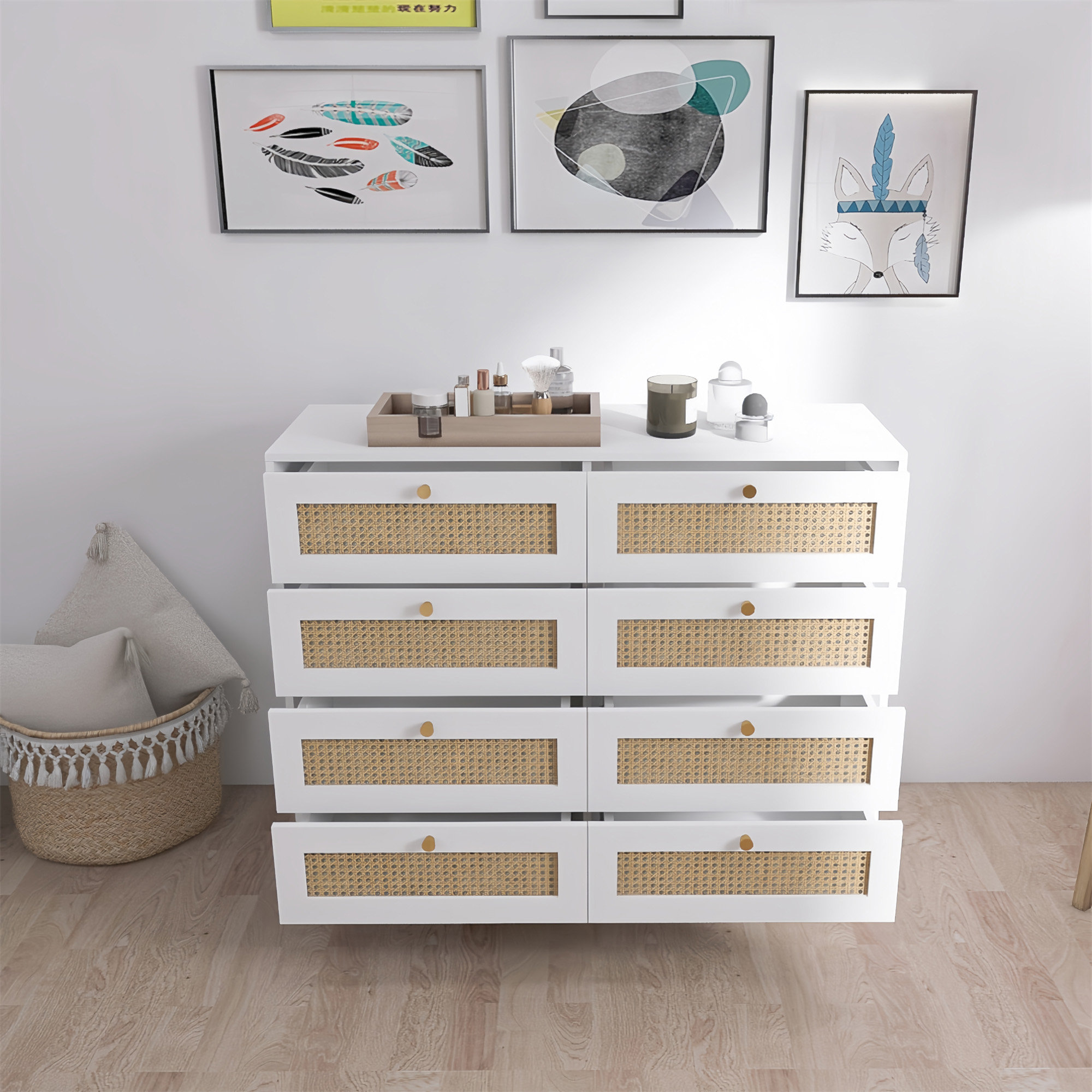 STYLISH White Colour 8 Drawers Chest Of Drawers With Rattan Drawer Face ...
