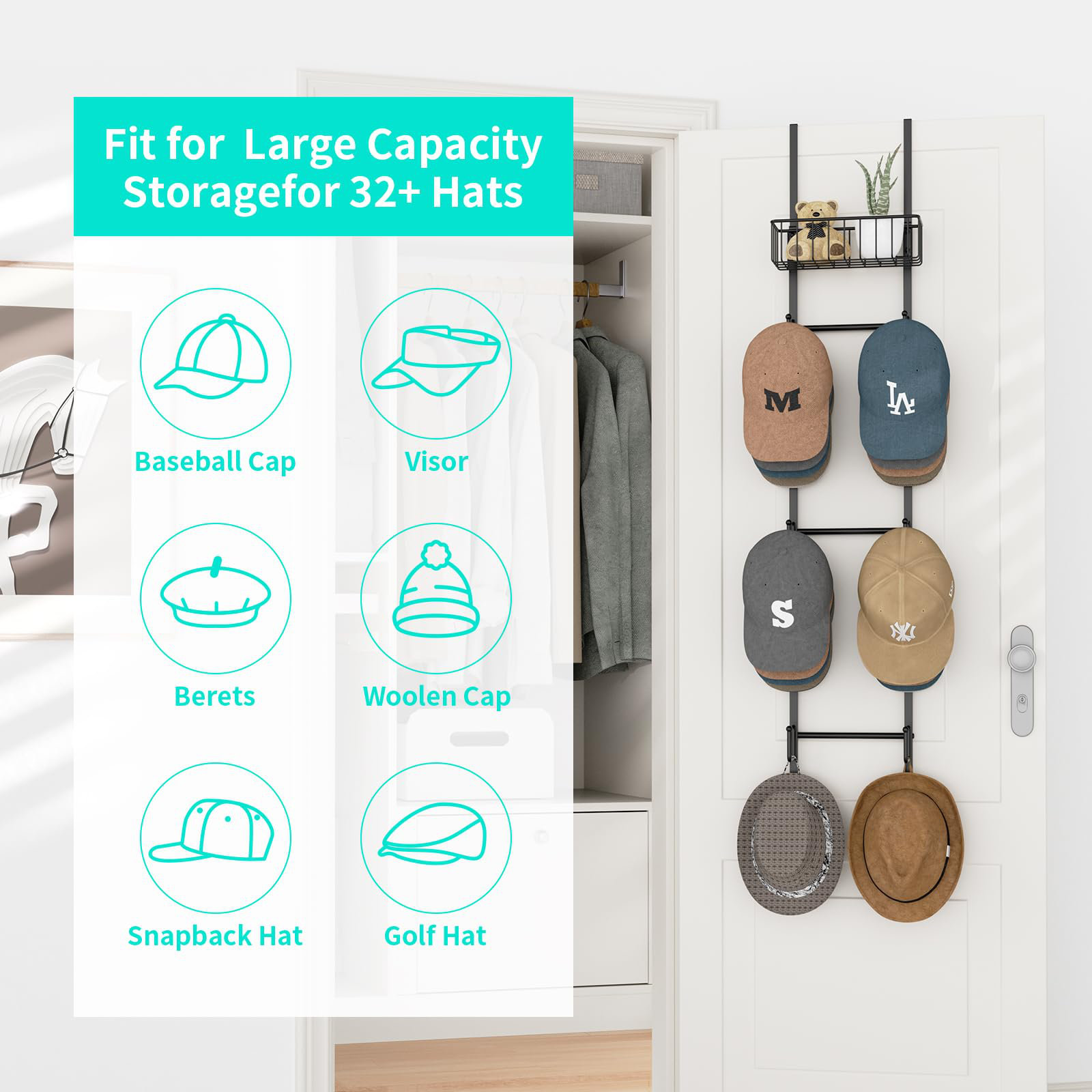 Rebrilliant Over Door Hat Rack, Wall Mounted Hat Holder With 6 Hat ...