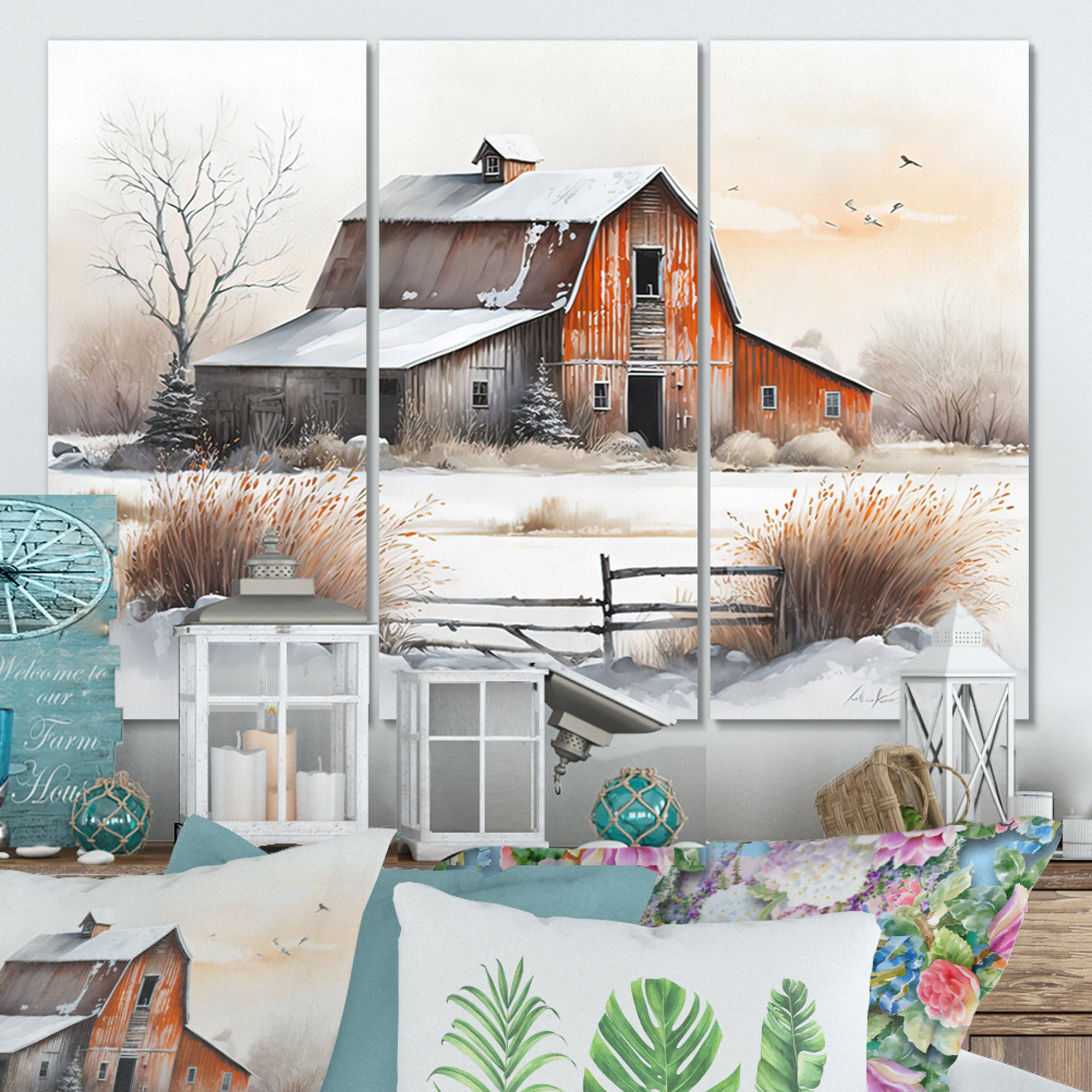 August Grove® Red Barn Scenery In Winter II - 3 Piece Print on Canvas ...