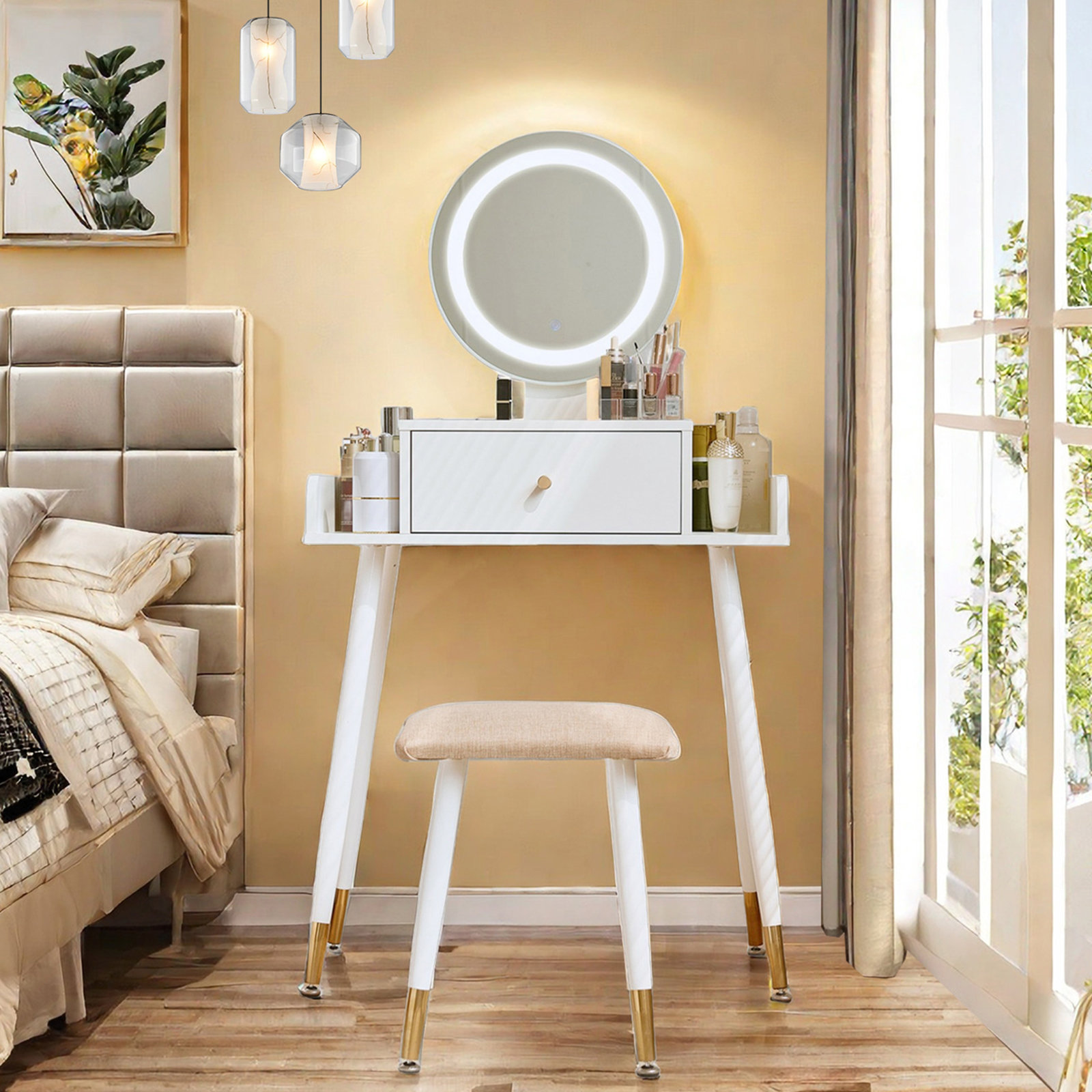 Mercer41 Ridaa Makeup Vanity Table Set with Adjustable Brightness LED ...