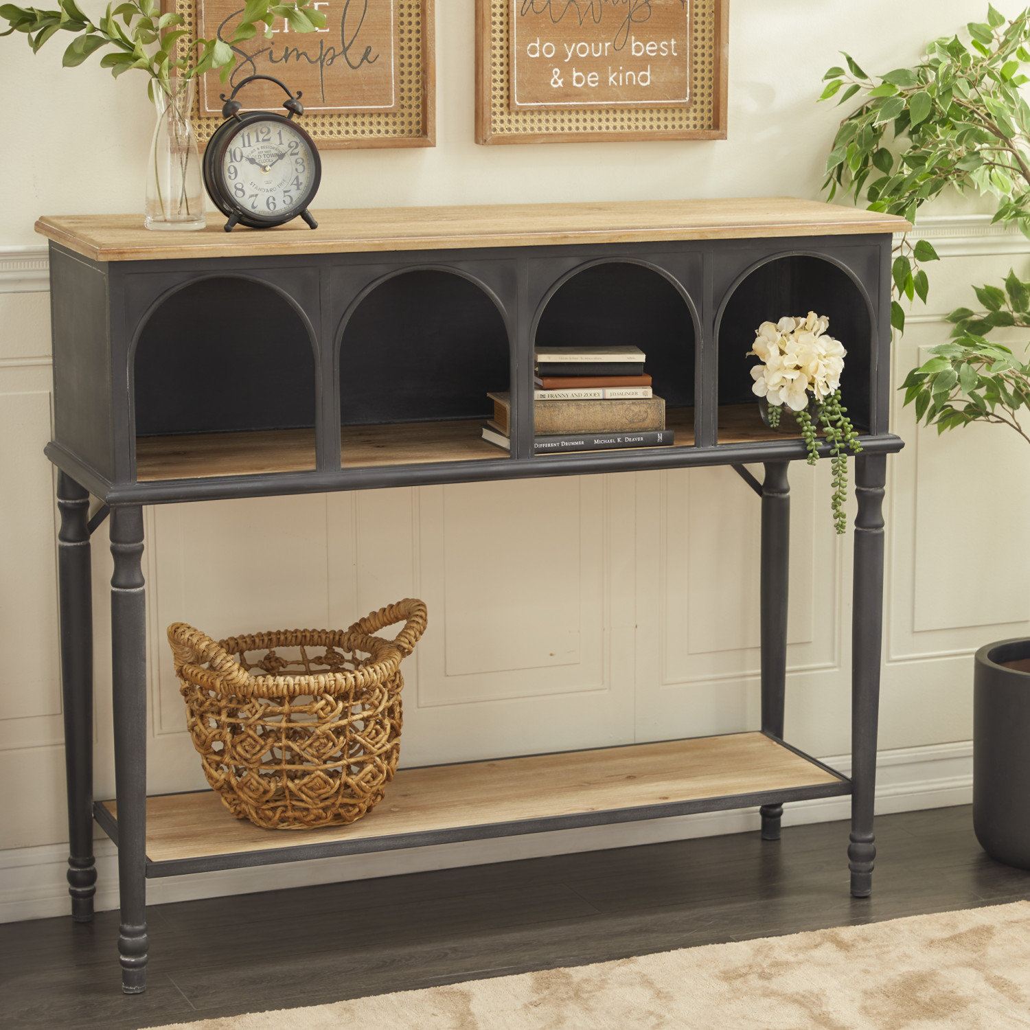Rosalind Wheeler Lindenberg Metal Arched 2 Shelf 4 Cubby Black Console ...