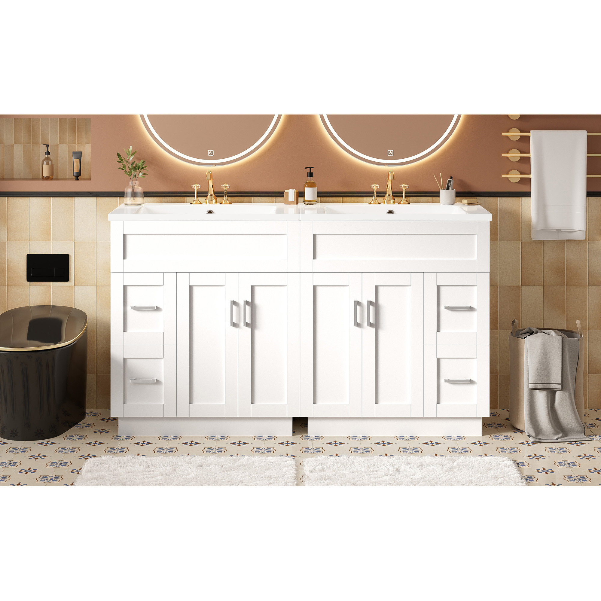 Ebern Designs Video 60-Inch Bathroom Vanity With 4 Cabinet Doors, 4 ...