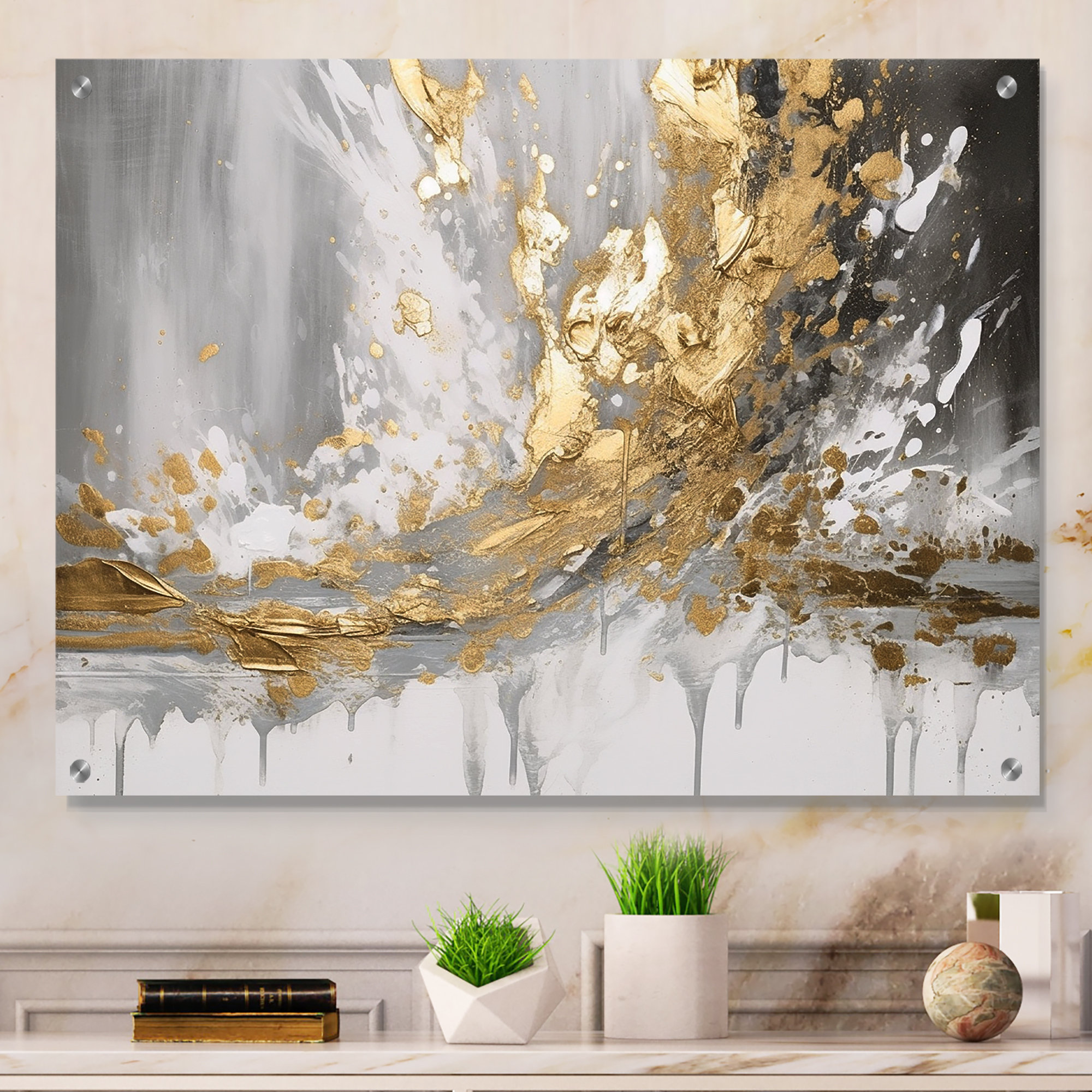 Mercer41 Gold And White Colliding Abstract - Abstract Acrylic Wall Art ...