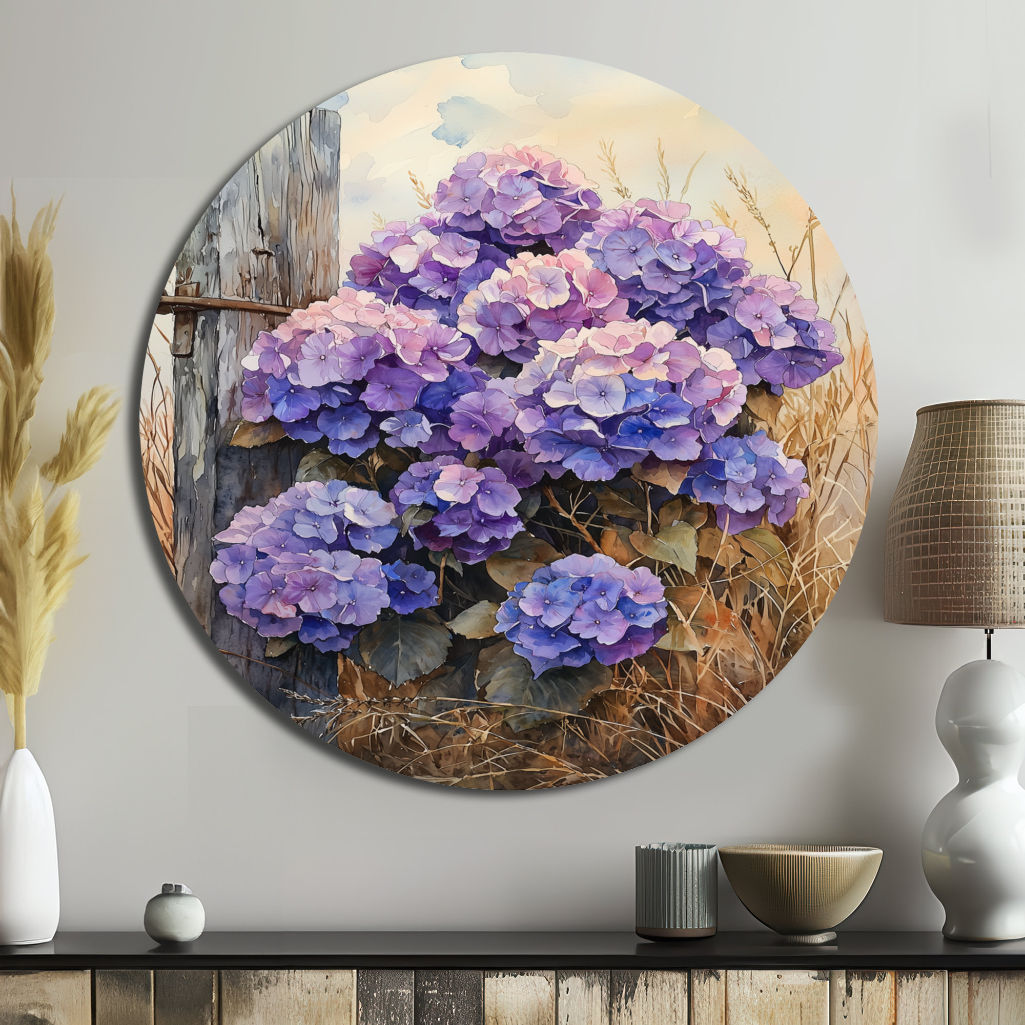 Winston Porter Hydrangeas At The Farm Fence II - Hydrangea Round Metal Wall Art | Wayfair