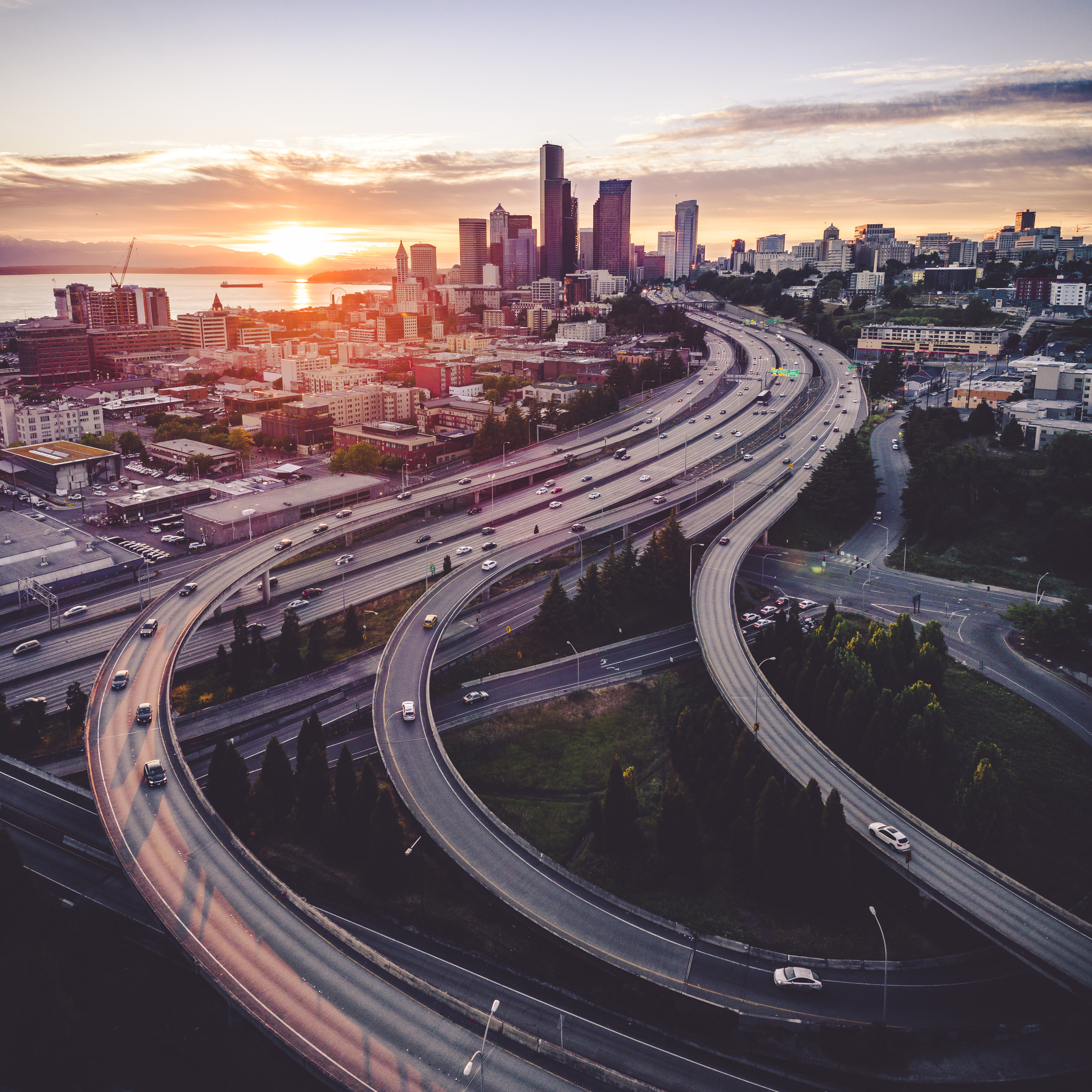 Latitude Run Seattle Sunset Helicopter View of Downtown City Skyline ...