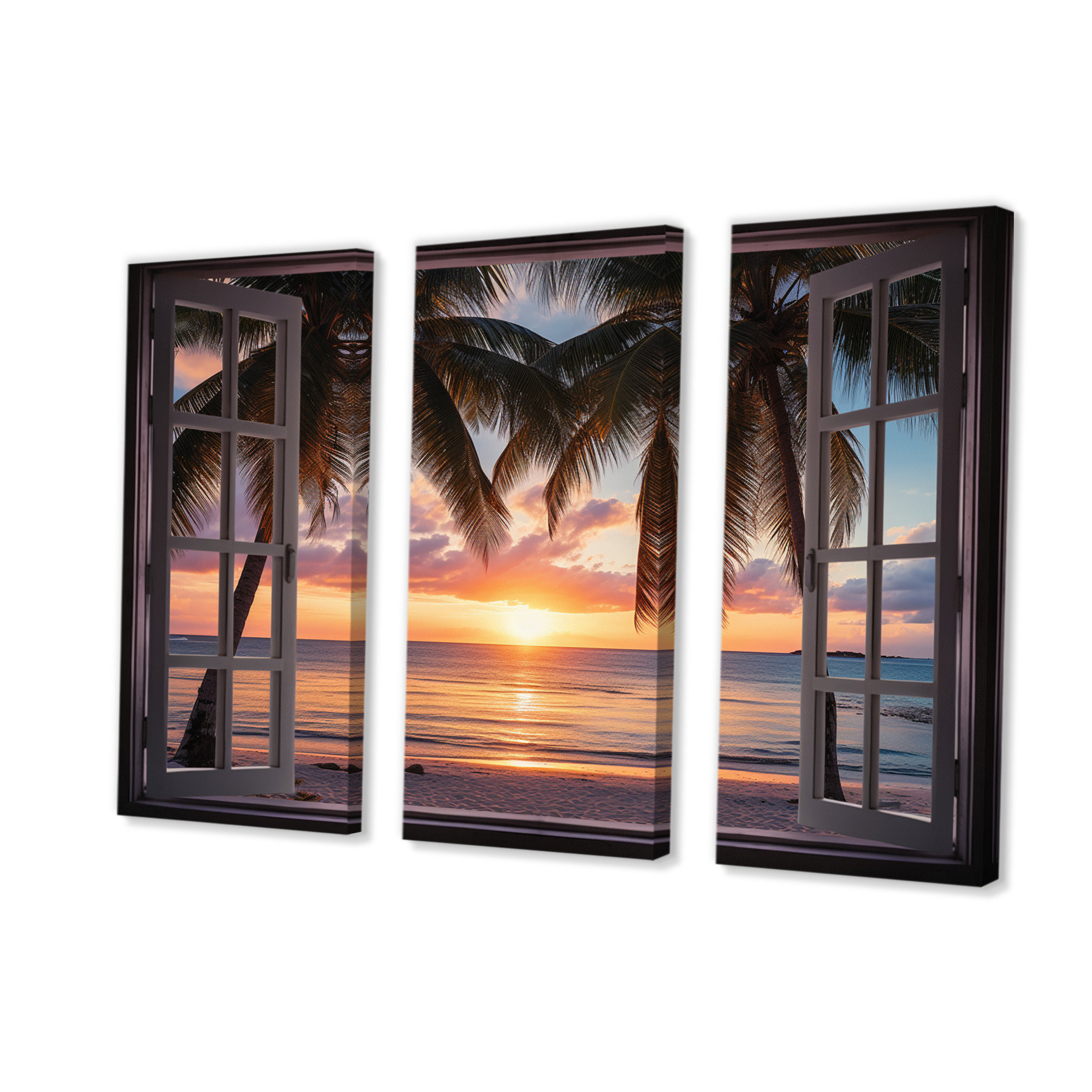 Design Art Tropical Ocean Sunset Through Open White Window I - Coastal ...