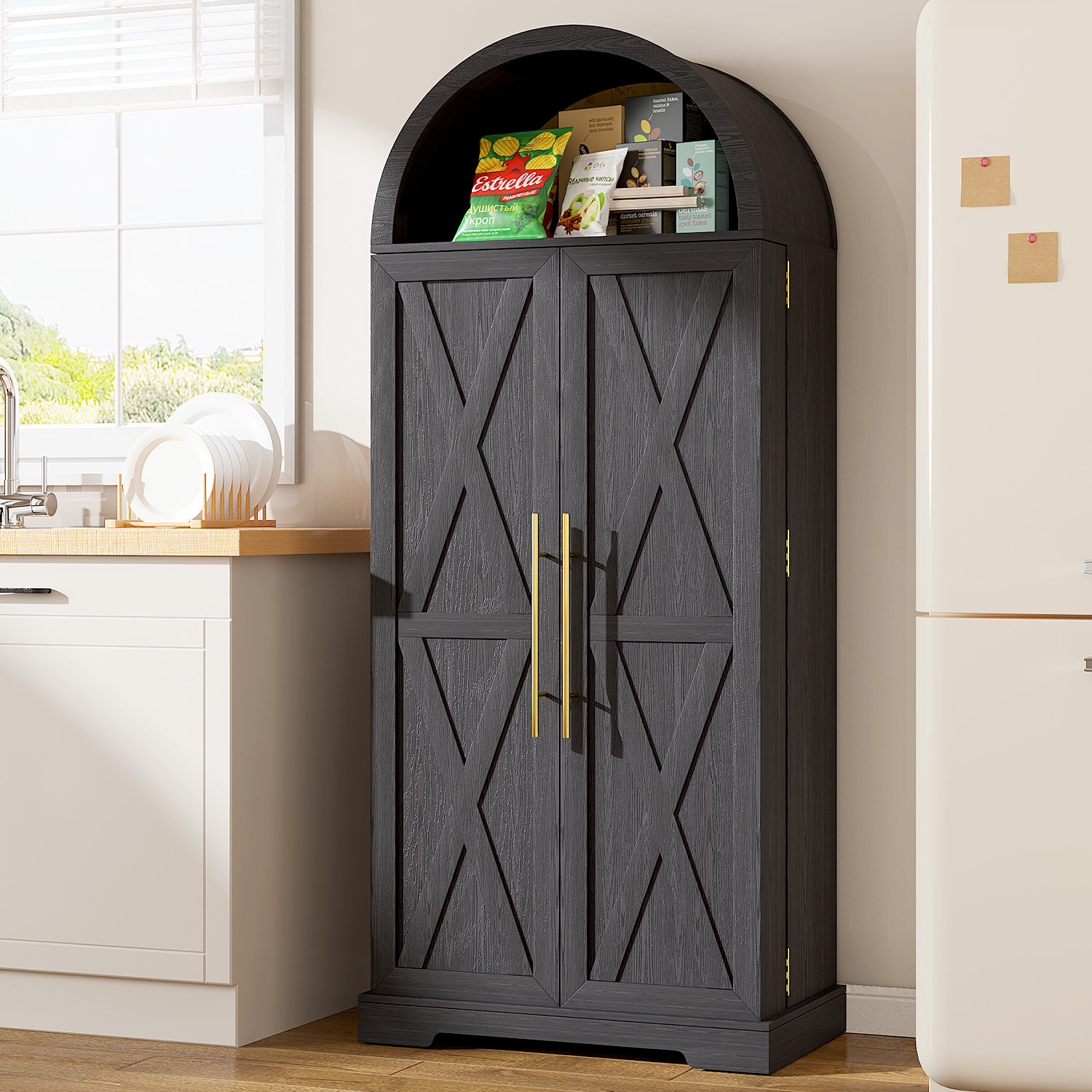 Winston Porter 65'' Kitchen Pantry With Classified Pantry Door, Arched ...
