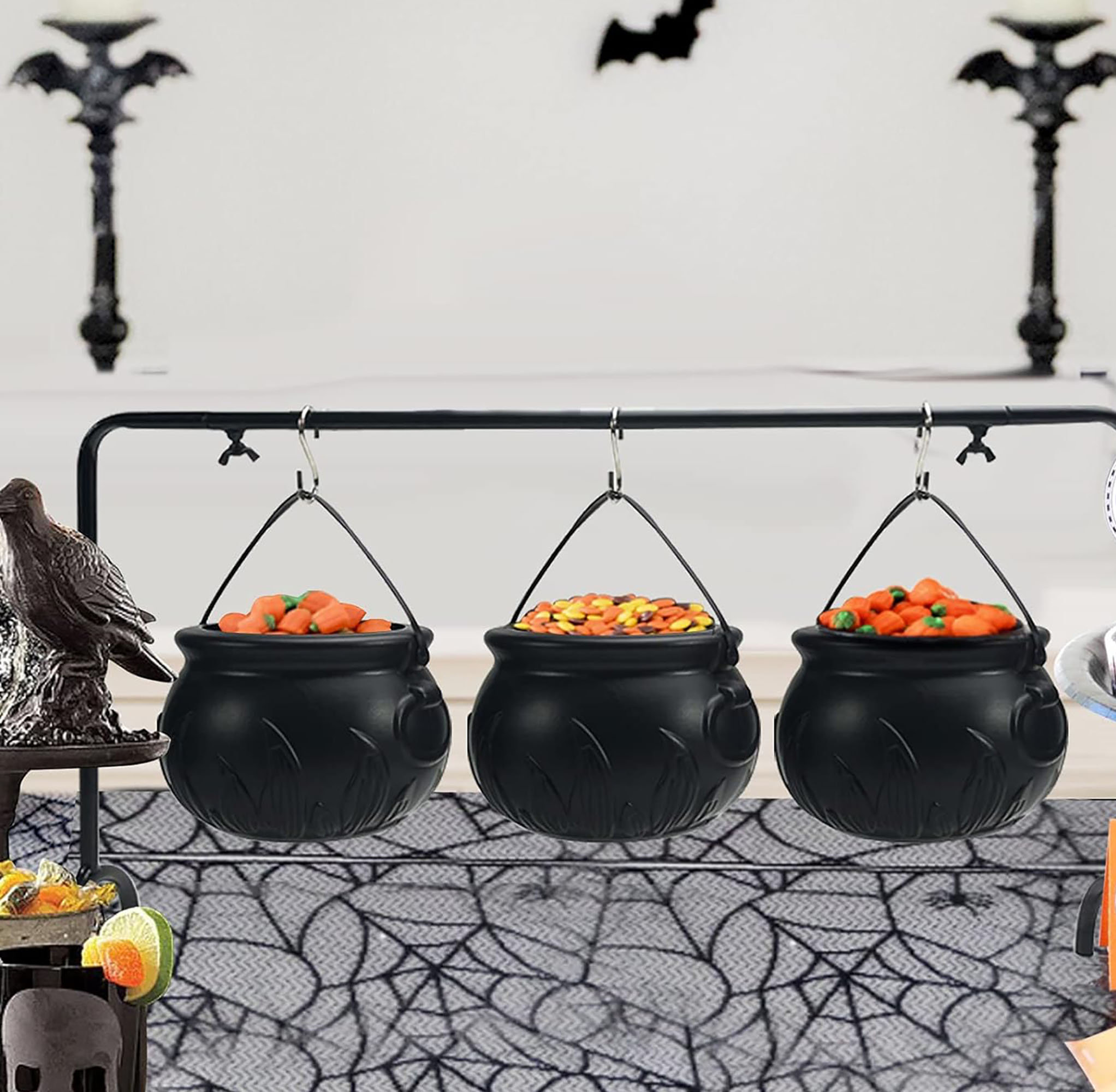 The Holiday Aisle® Set Of 3 Witches Cauldron Serving Bowls On Rack ...