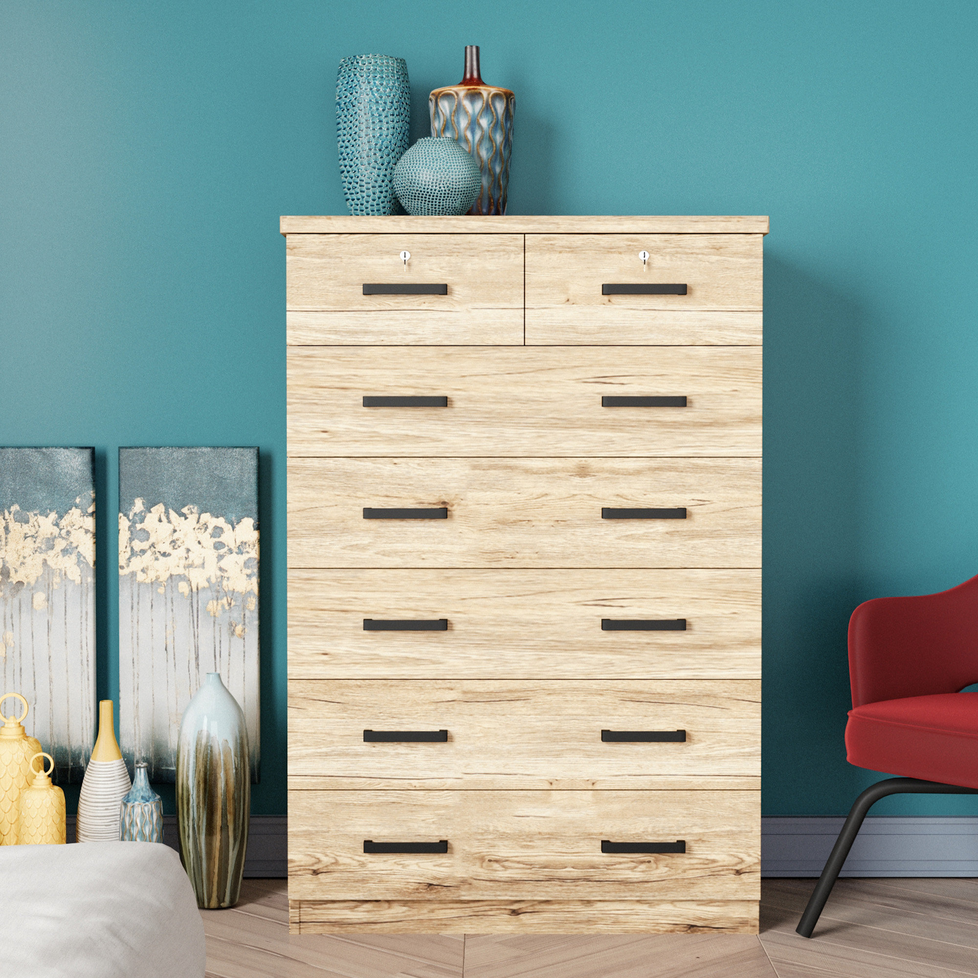 Ebern Designs 7 Drawer Chest Wooden Dresser With Lock. & Reviews ...