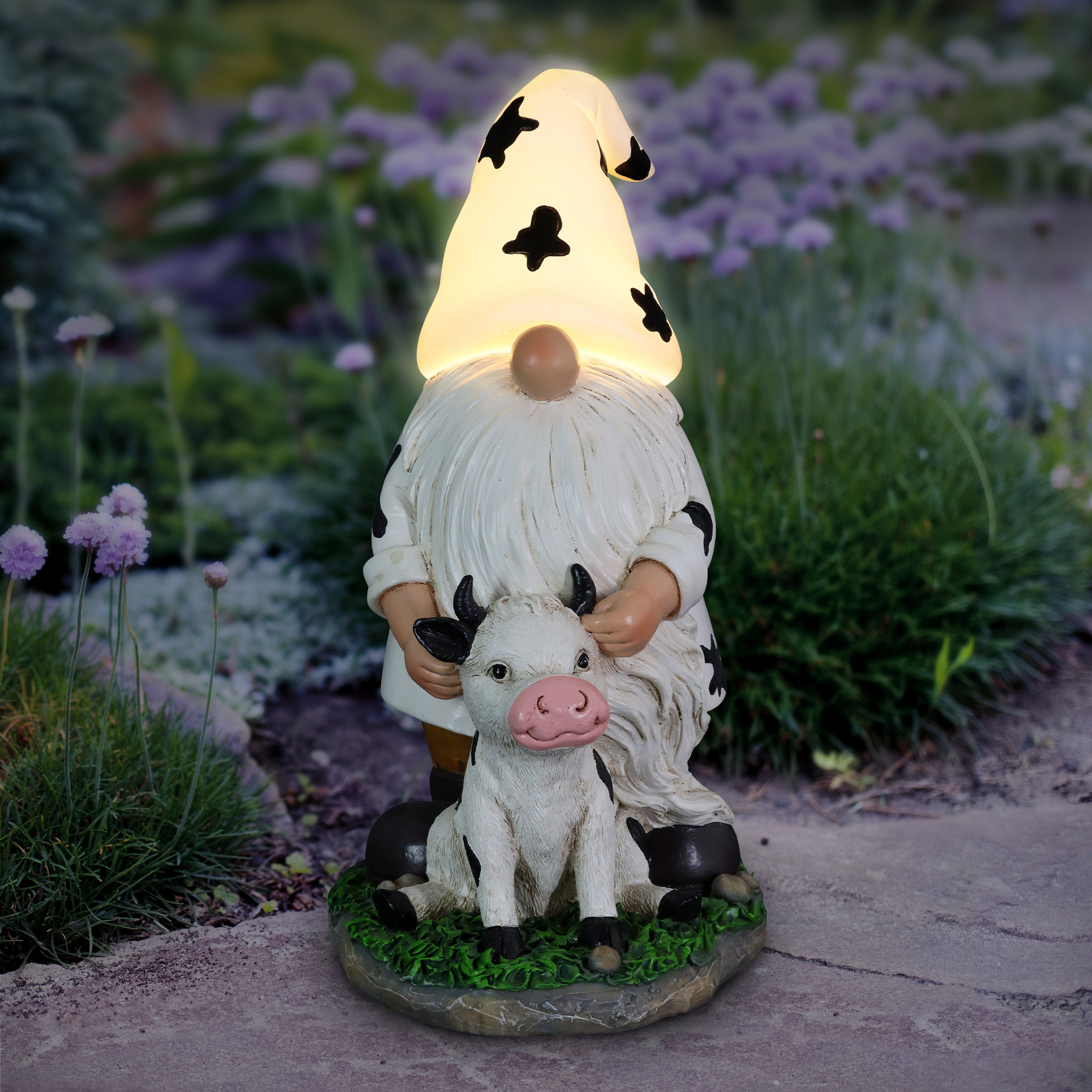 Exhart Solar Gnome with Cow Print Hat and Calf Statue, 6.5 by 10 Inches ...