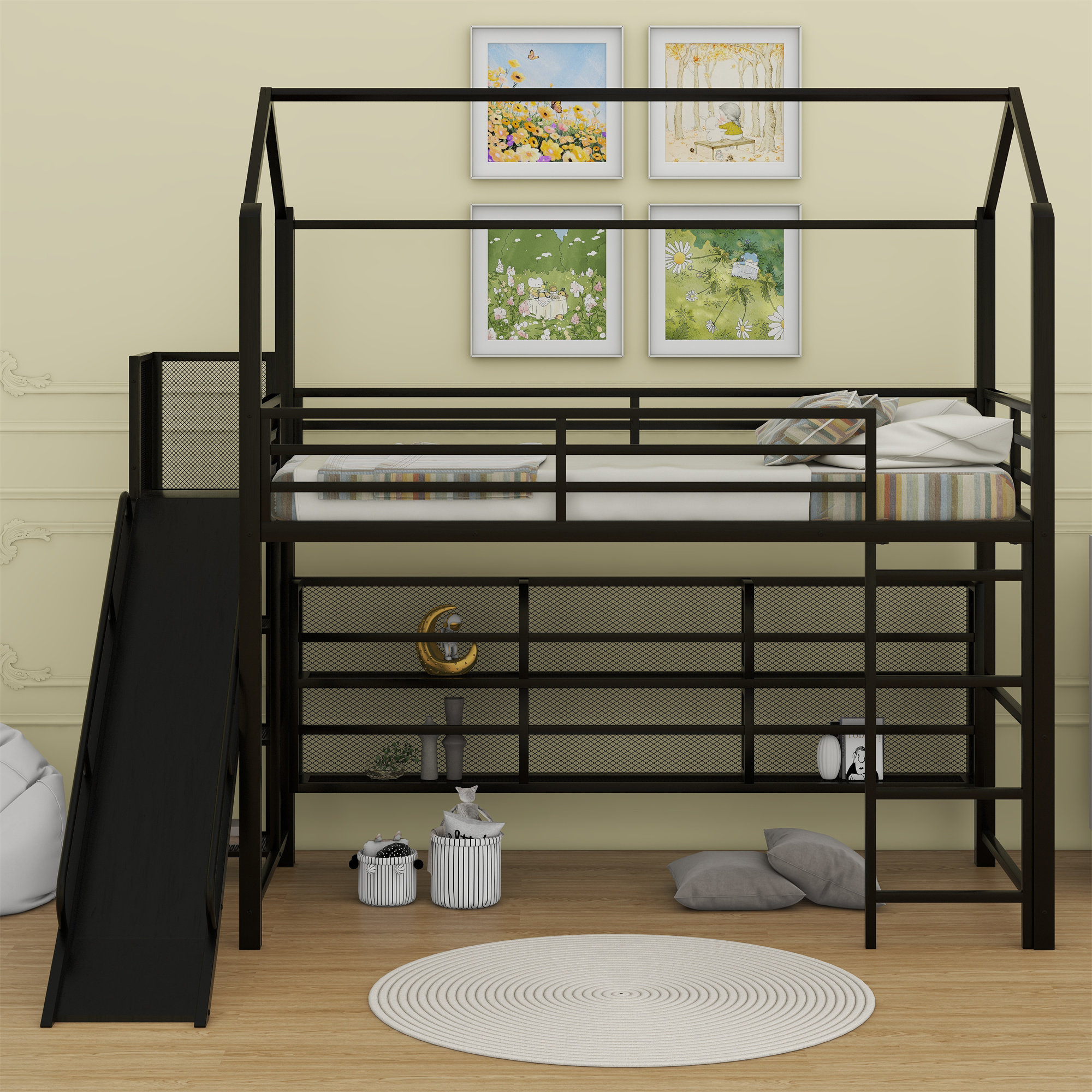 Harper Orchard House Metal Loft Bed With Iron Mesh Shelves And Slide ...