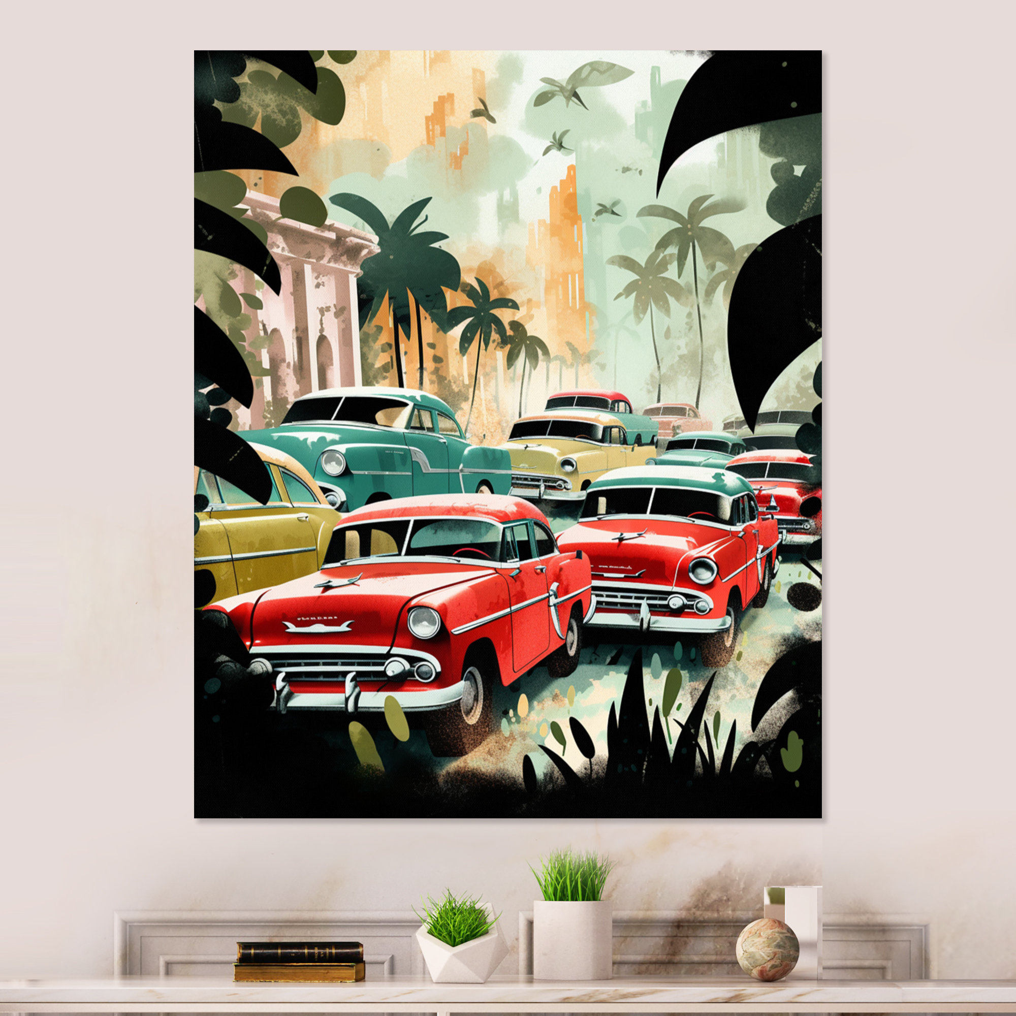 Bay Isle Home™ Red And Green Retro Cars In Tropical Paradise - Cars ...