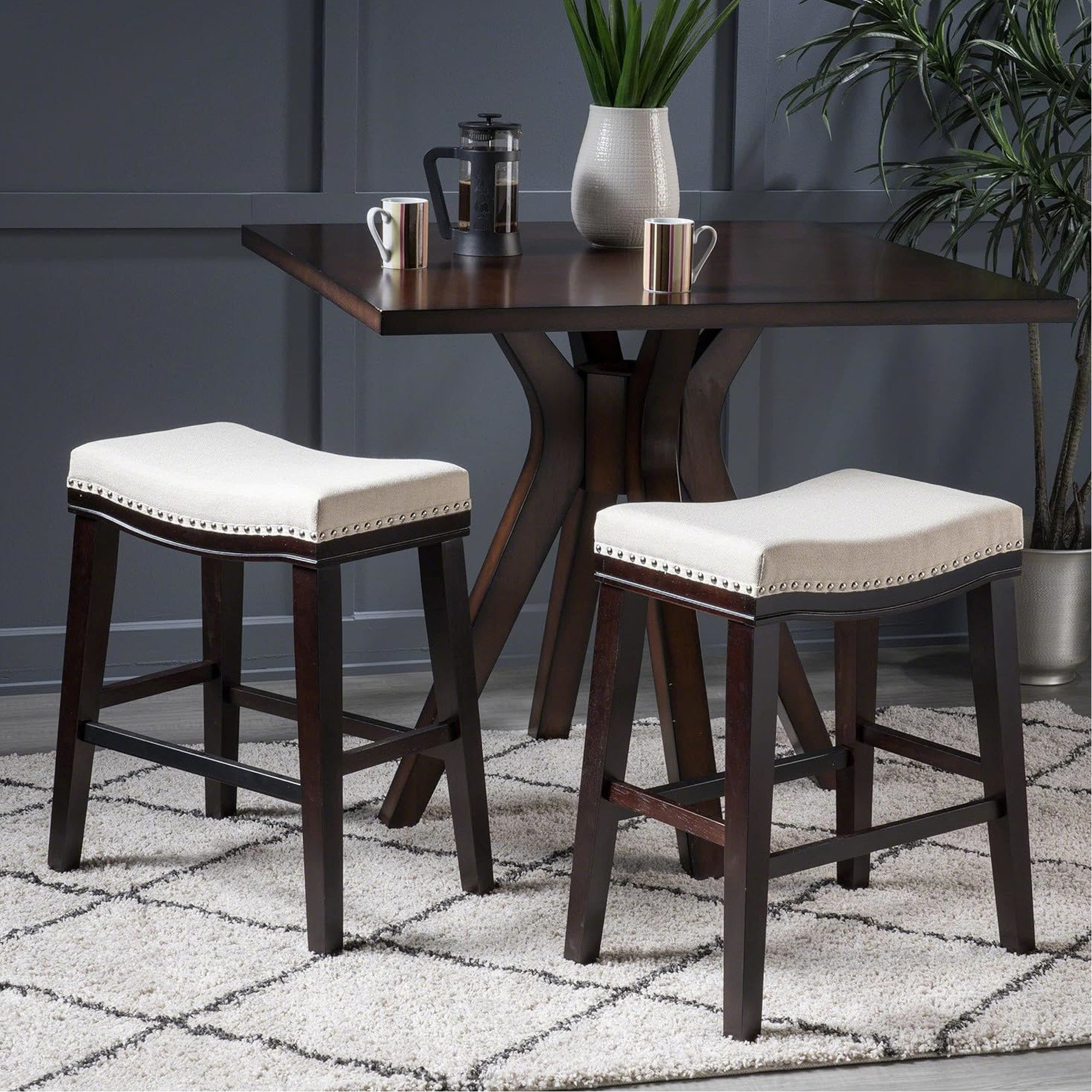 Latitude Run® 2 Counter Stools, Fabric And Leather Seat, Rubberwood ...