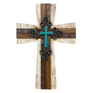 Fleur De Lis Living Polyresin Faux Wood Layered Cross with Ornate ...