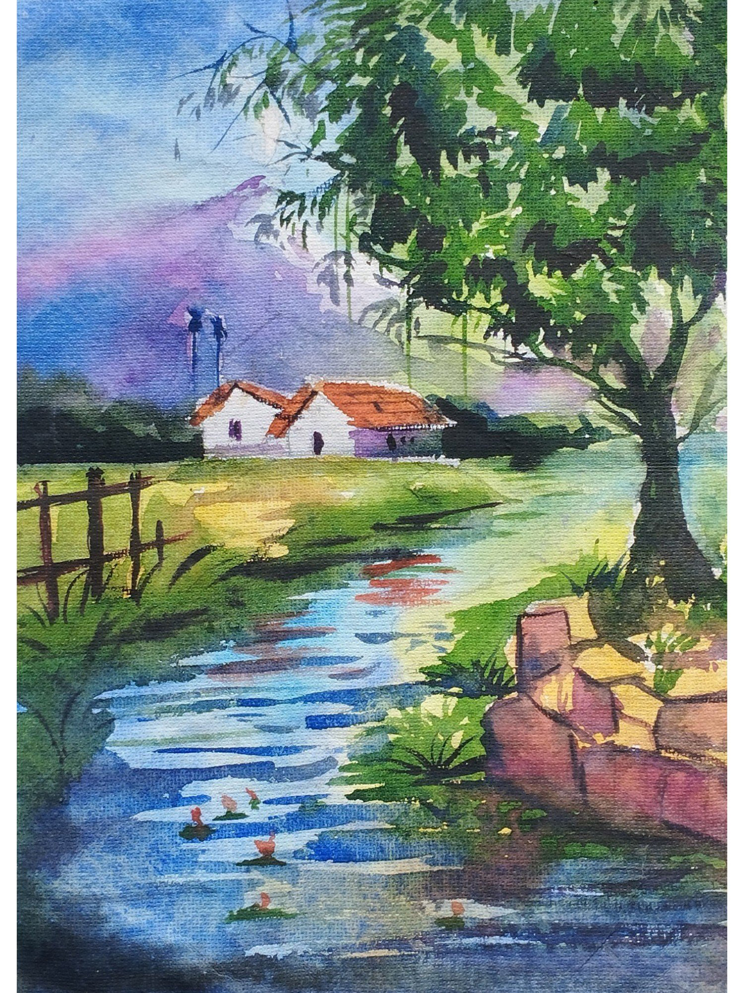 how to draw a village scenery with watercolor