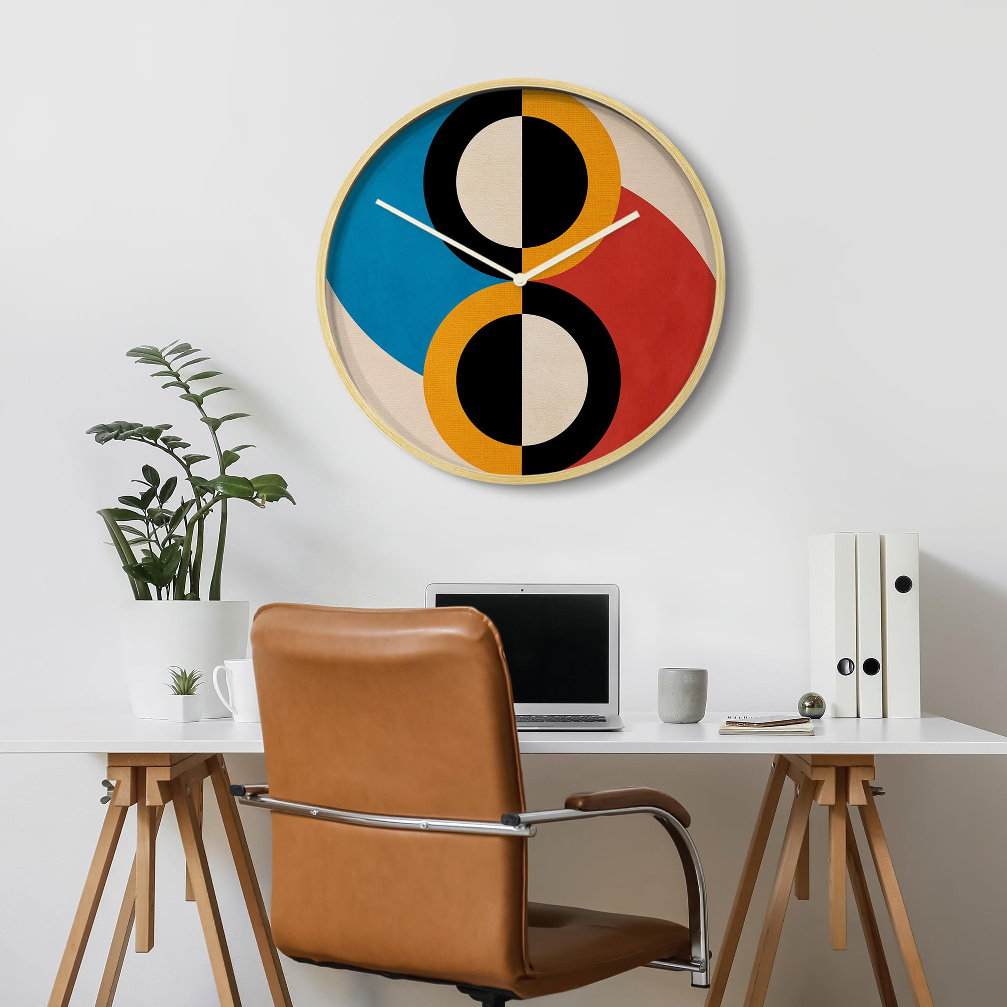 SIGNLEADER Mid-Century Color Blocks Clock Decor Wooden Large Wall Clock ...