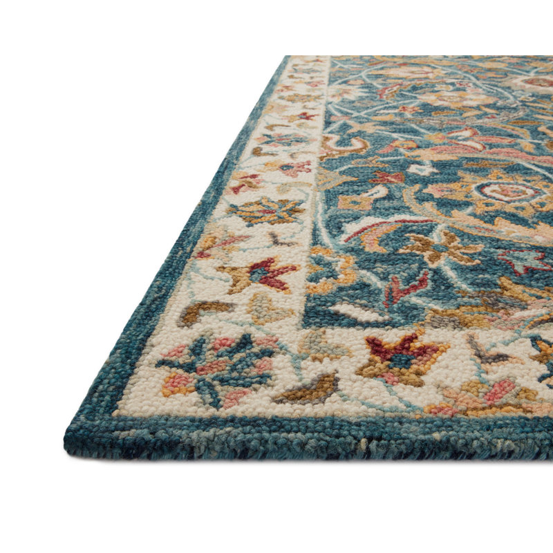Bungalow Rose Damia Oriental Hand Hooked Wool Area Rug in Ocean/Beige ...