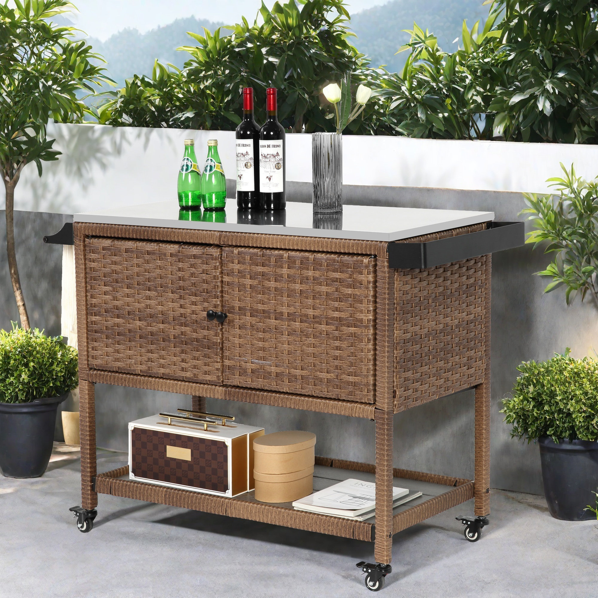 Latitude Run® Outdoor Rolling Wicker Bar Cart With Stainless Steel ...