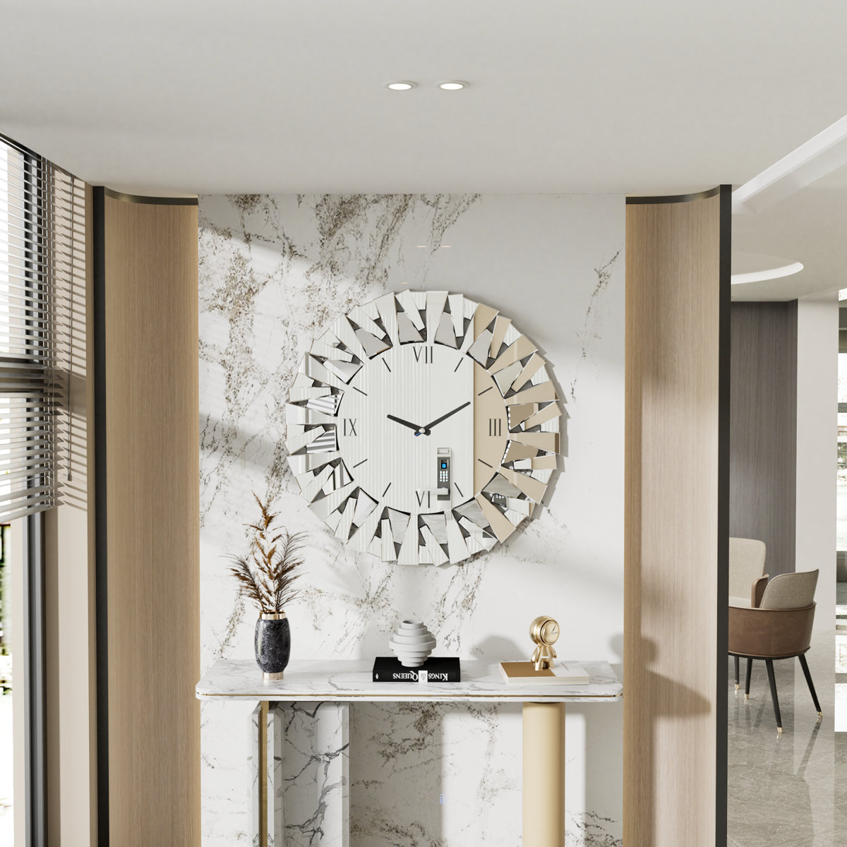 LUVODI Modern Round Beveled Glass Edge Wall Mounted Mirrored Clock ...