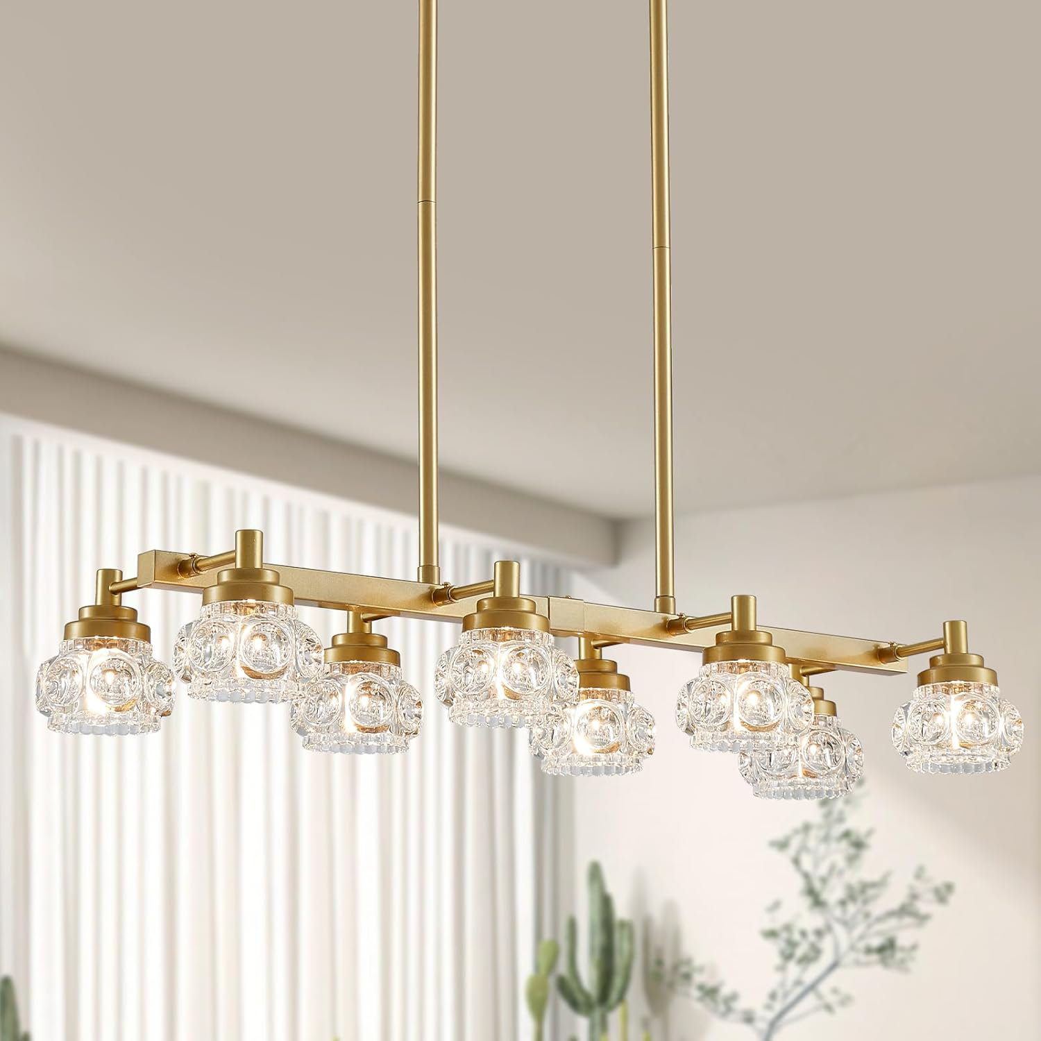 Mercer41 32 Inch Gold Linear Chandelier With 8 Glass Shades, Adjustable ...
