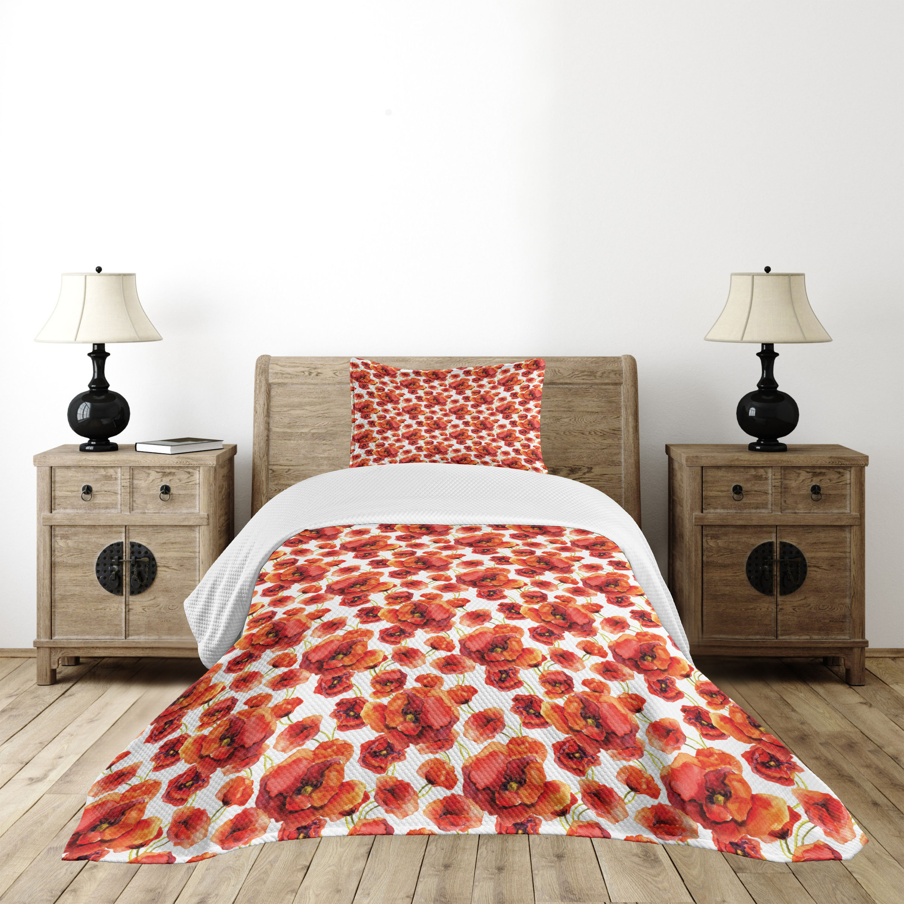 Ambesonne Floral Bedspread Set Red Poppy Flowers Red and White | Wayfair
