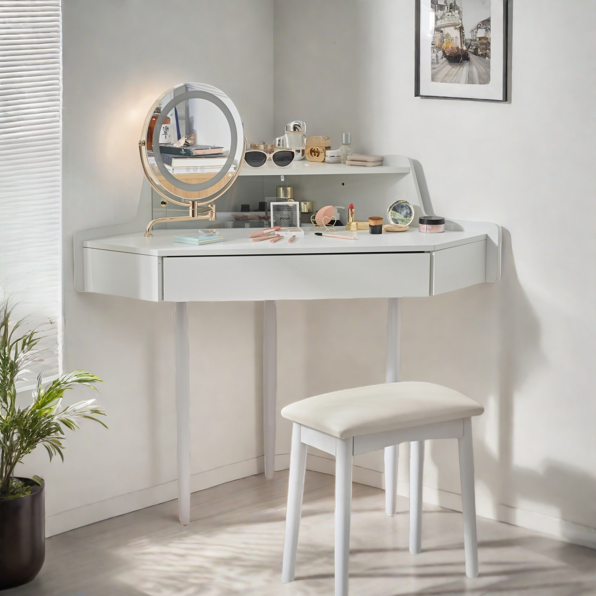 Ivy Bronx Corner Makeup Vanity Desk Set With Brightness Adjustable ...