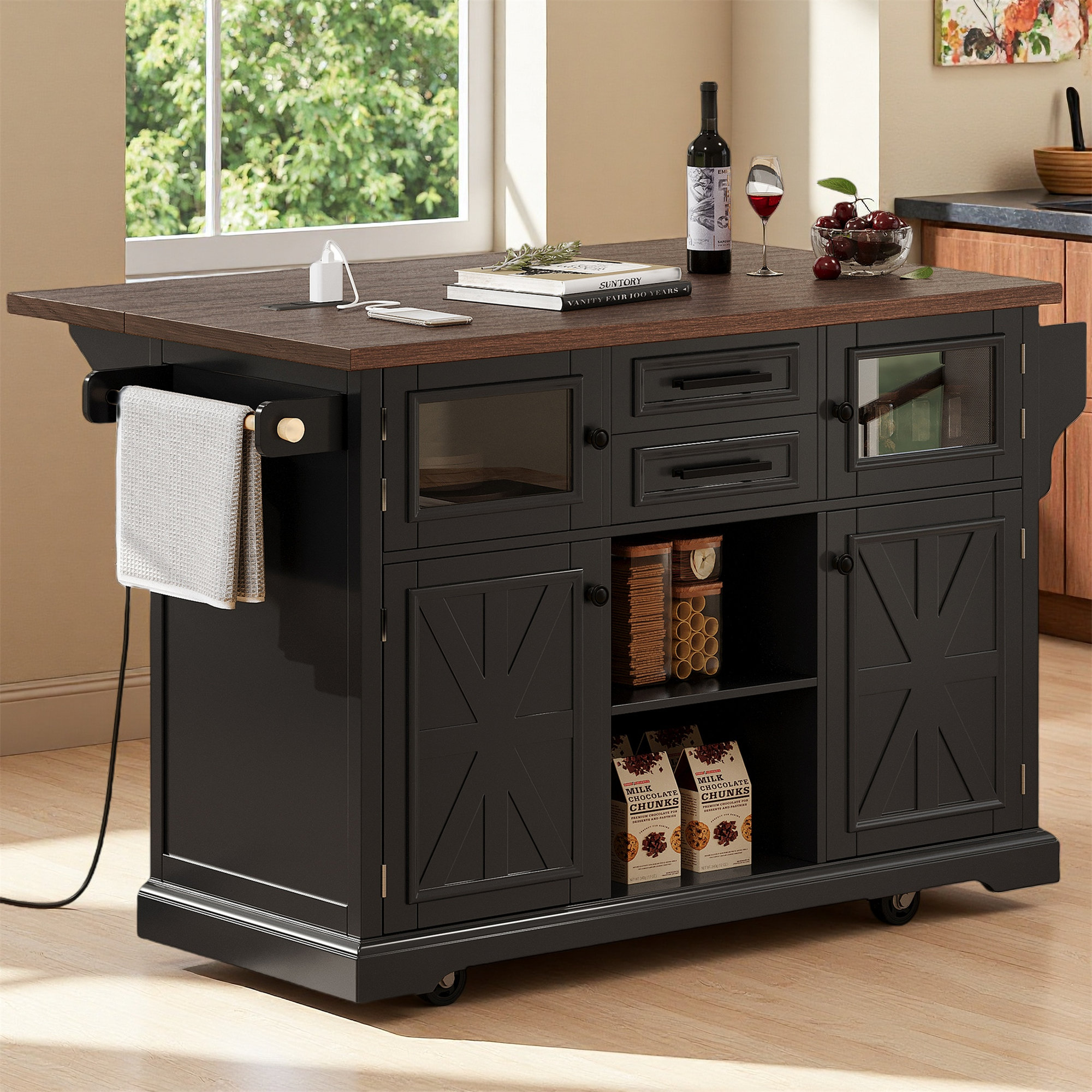 August Grove® Timeless Kitchen Island With Drop Leaf & Power Outlet ...