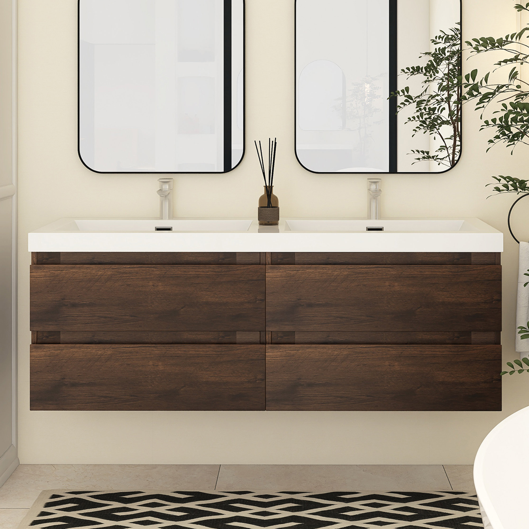 Latitude Run® Angela 60-Inch Floating Bathroom Vanity In Rose Wood With ...