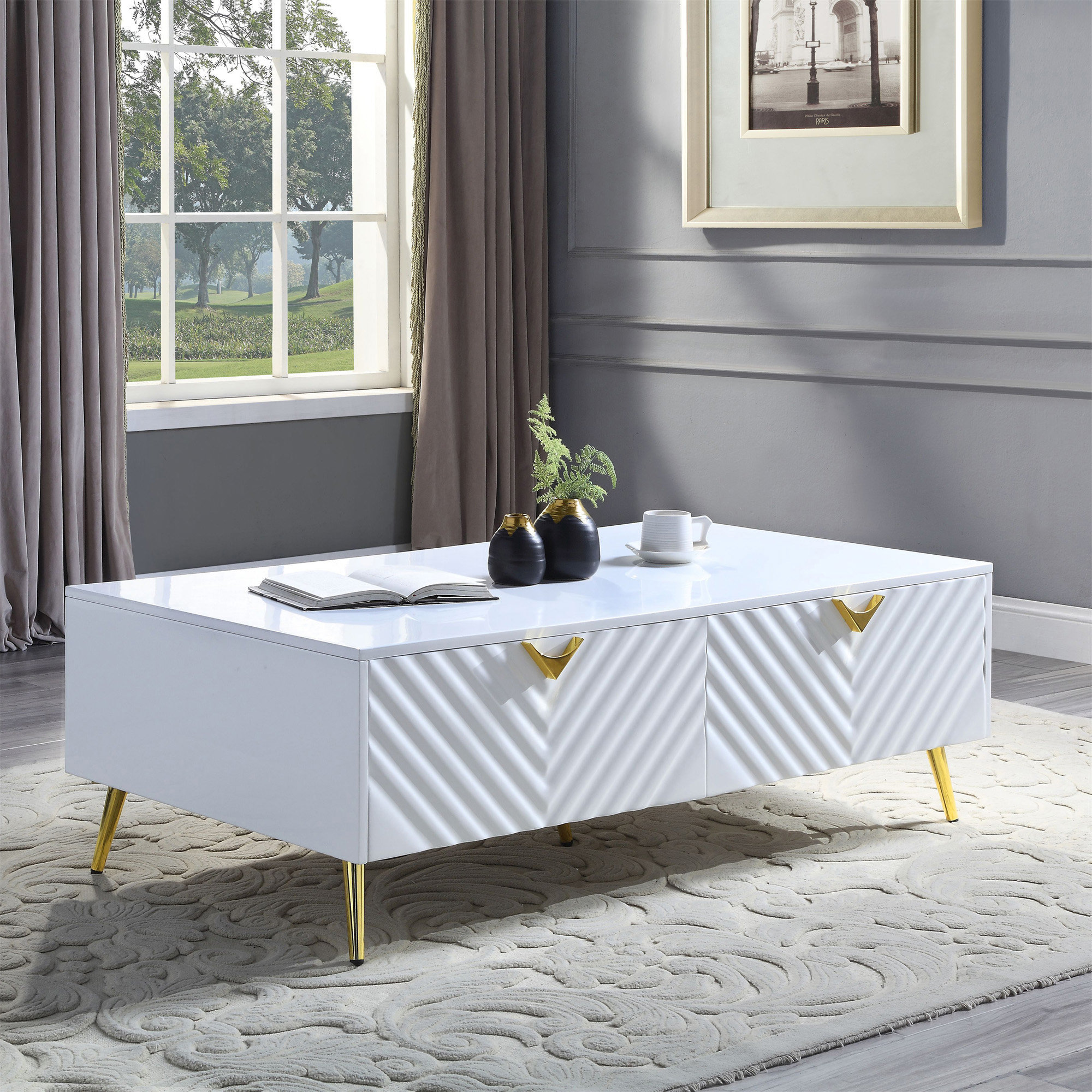 Orren Ellis Sleek White High Gloss 2-Drawer Coffee Table With Support ...