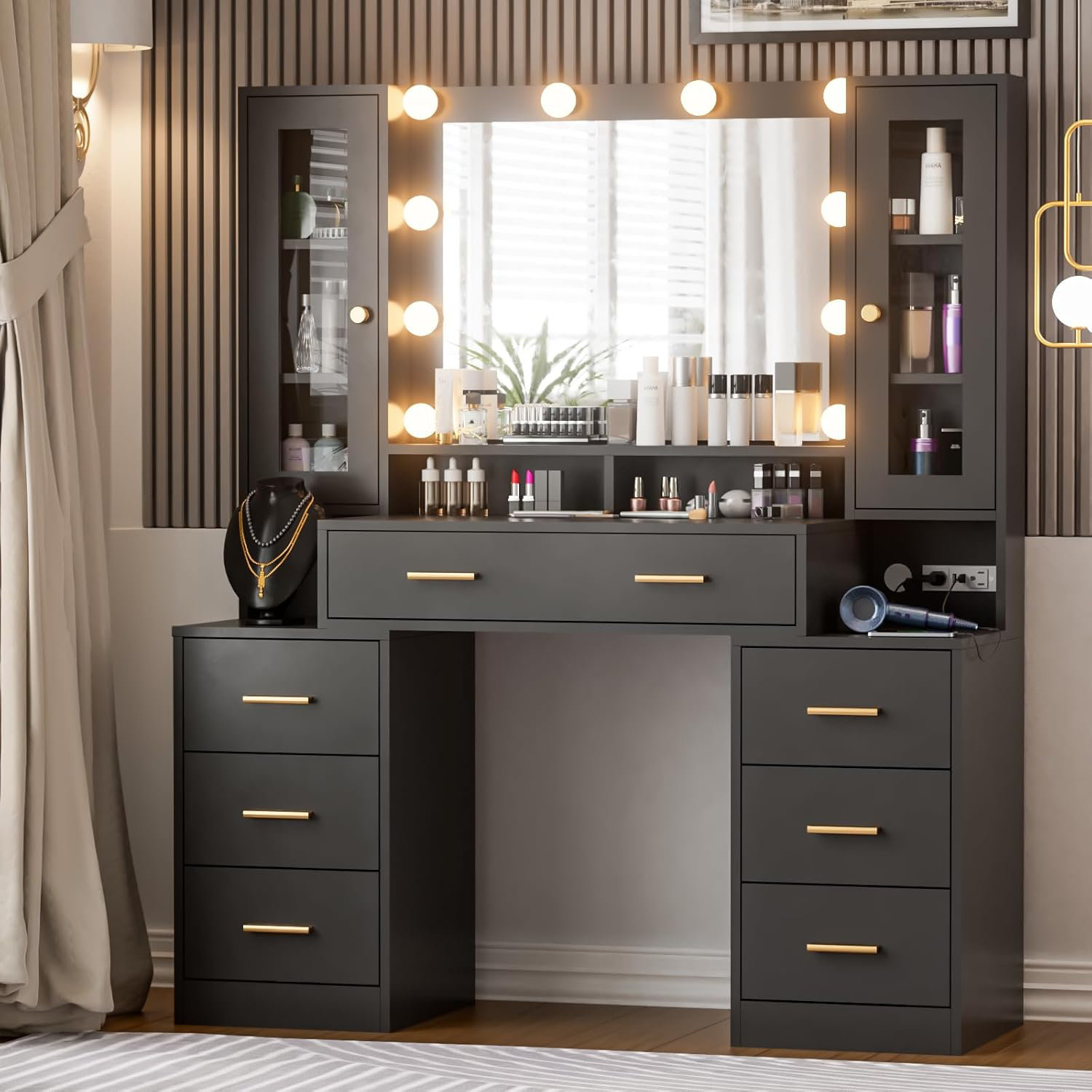 Everly Quinn Mayara 49" Large Makeup Vanity Desk with Power Outlet ...