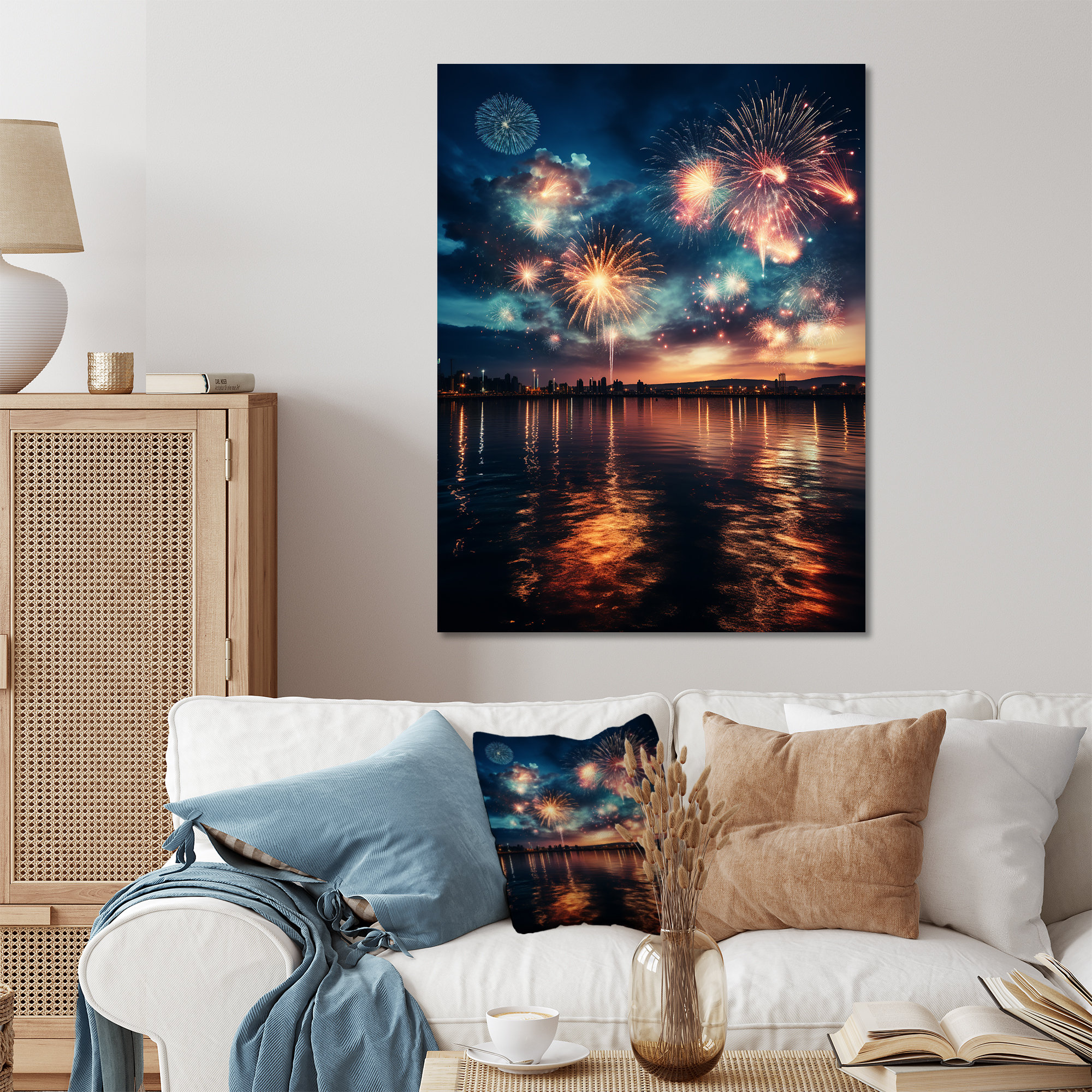 Ebern Designs Green And Red Fireworks By The Lake II - Fireworks Metal ...