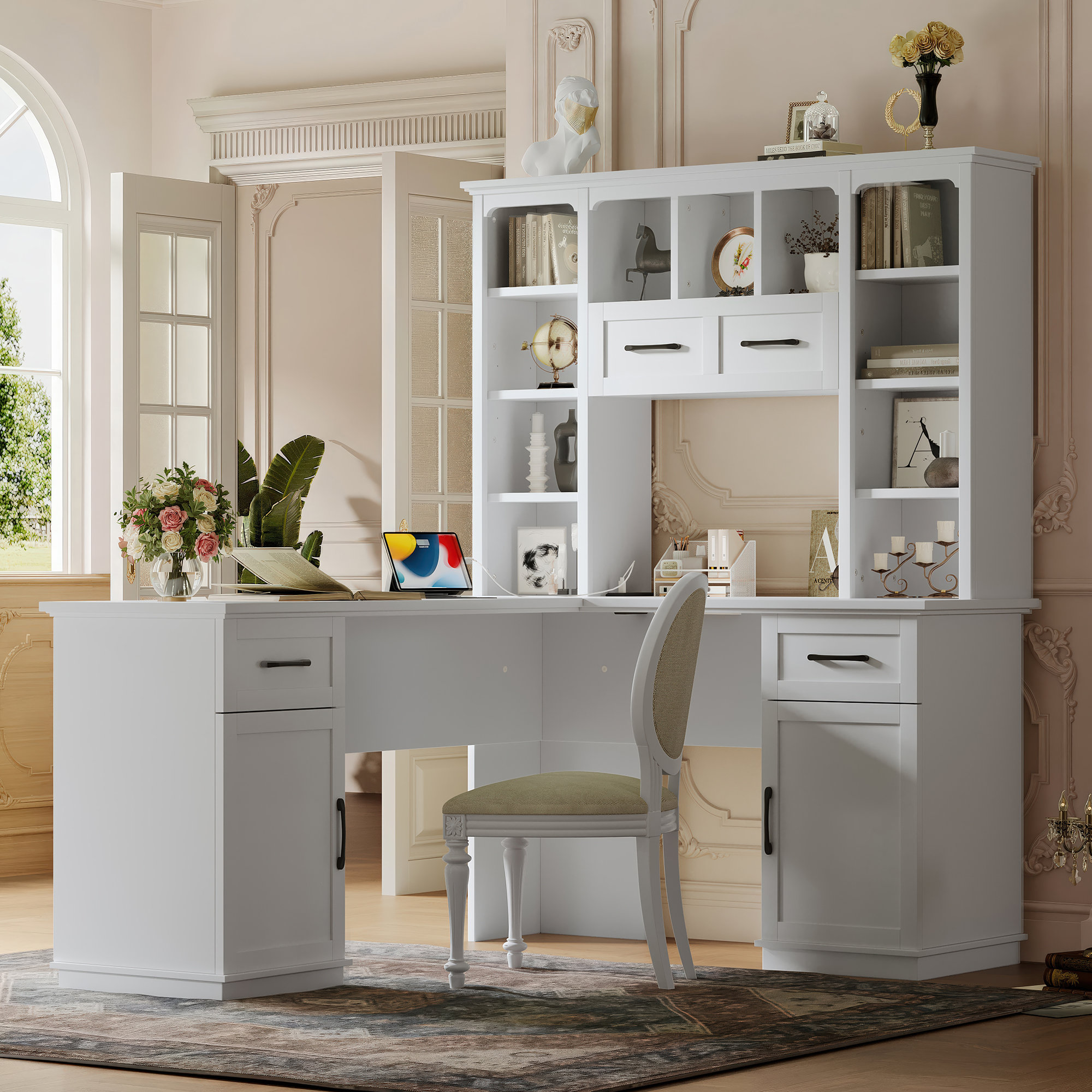 Brayden Studio® L-Shaped Computer Desk With 2 Cabinets, 2 Drawers & 11 ...
