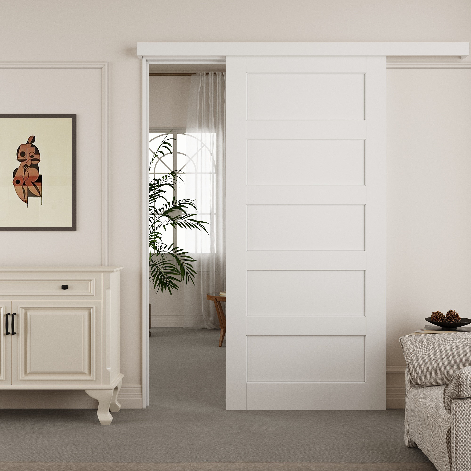 Win Stellar Ready-To-Install White Primed 5-Panel Barn Door With Hidden ...