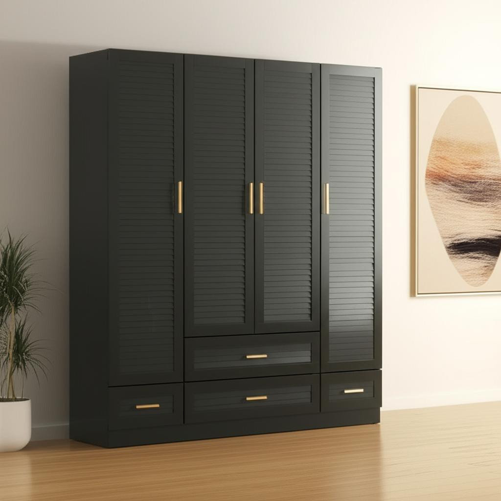 HomeRoots 71" Black Plantation Shutter Wood Four Door Four Drawer Combo ...