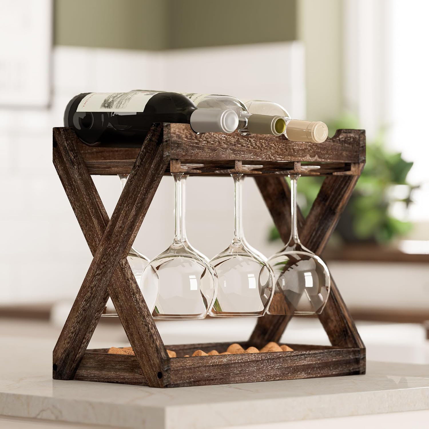 Mint Pantry® Solid Wood Wine Rack For 4 Bottles And 6 Stemware Glass ...