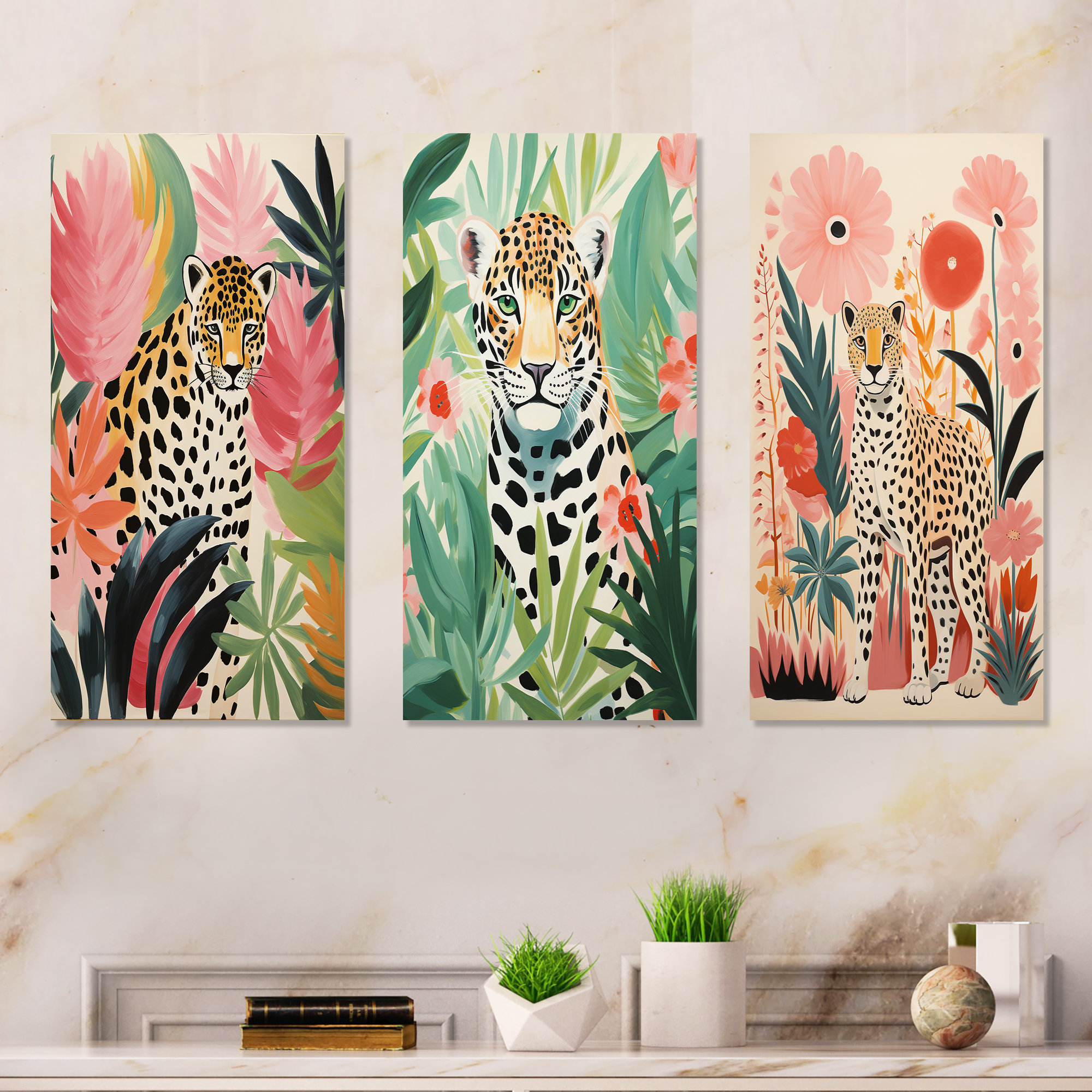 Design Art Green And Pink Leopard Tropical Elegance I - Leopard Metal ...