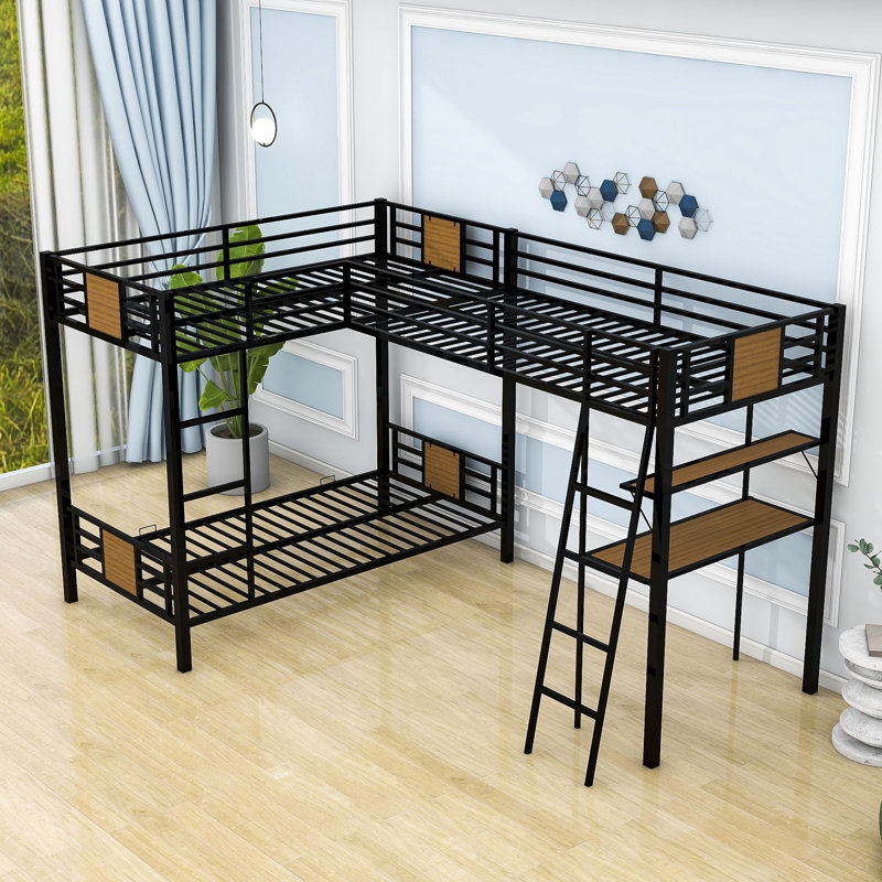 Mason & Marbles Reisinger Twin Over Twin & Twin Bunk Bed with Built-in ...