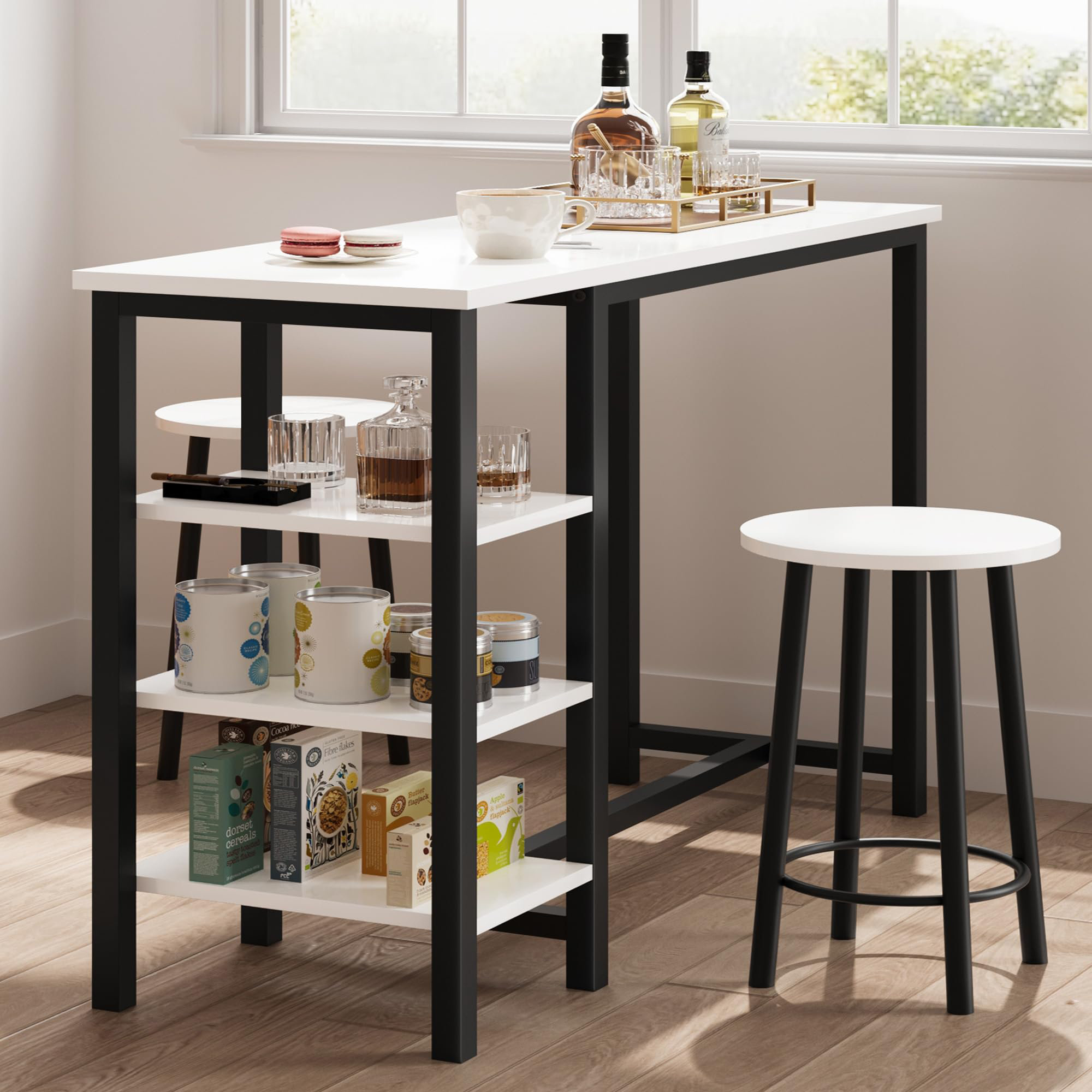 Mercer41 Bar Table And Stools For 2 With 3 Storage Shelves, Modern ...