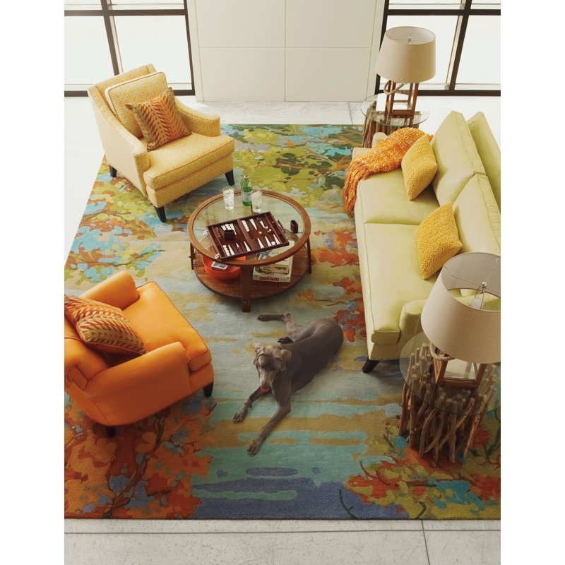 CompanyC Landscape Floral Handmade Tufted Wool Teal/Yellow/Blue Area ...