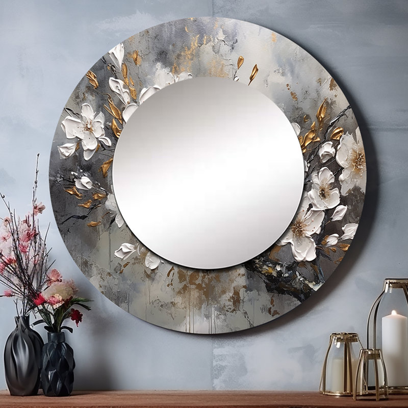 Design Art White Grey Cherry Blossum Harmony I - Floral Round Mirror ...
