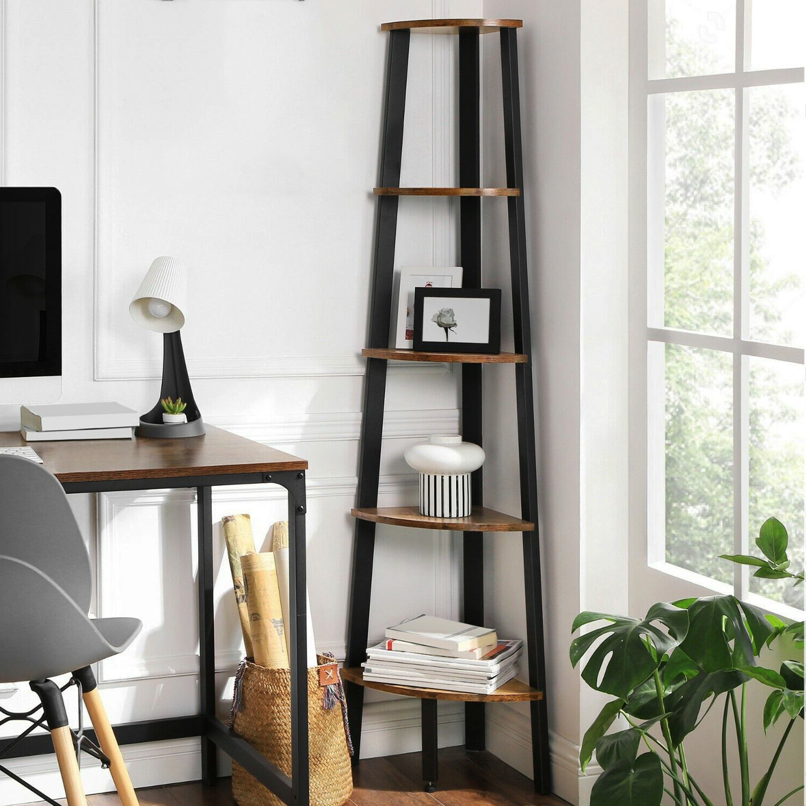 17 Stories 5-Tier Industrial Bookcase Corner Shelf with Metal Frame for ...