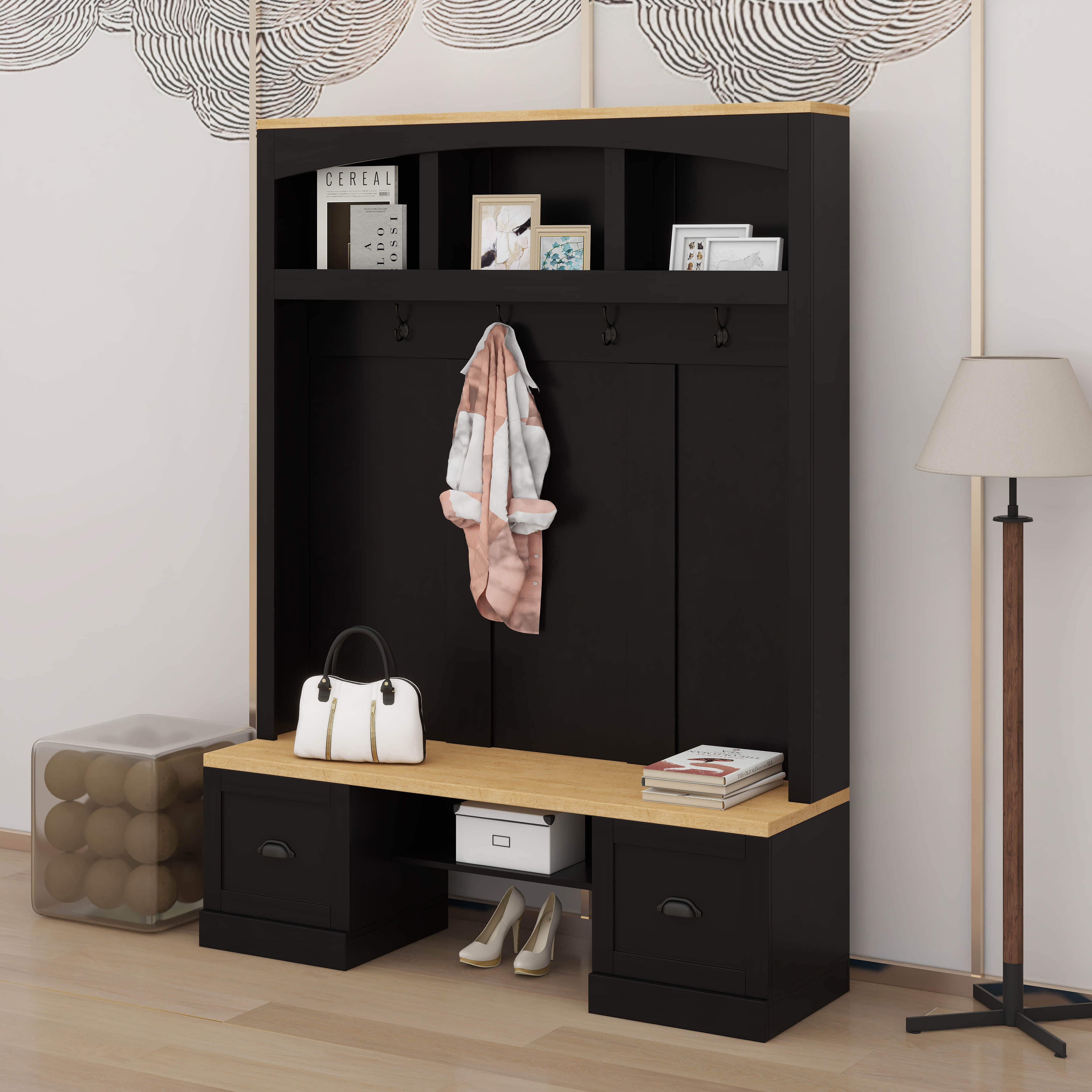 One Allium Way® Farmhouse 4-In-1 Hall Tree With Wood Grain Bench And ...