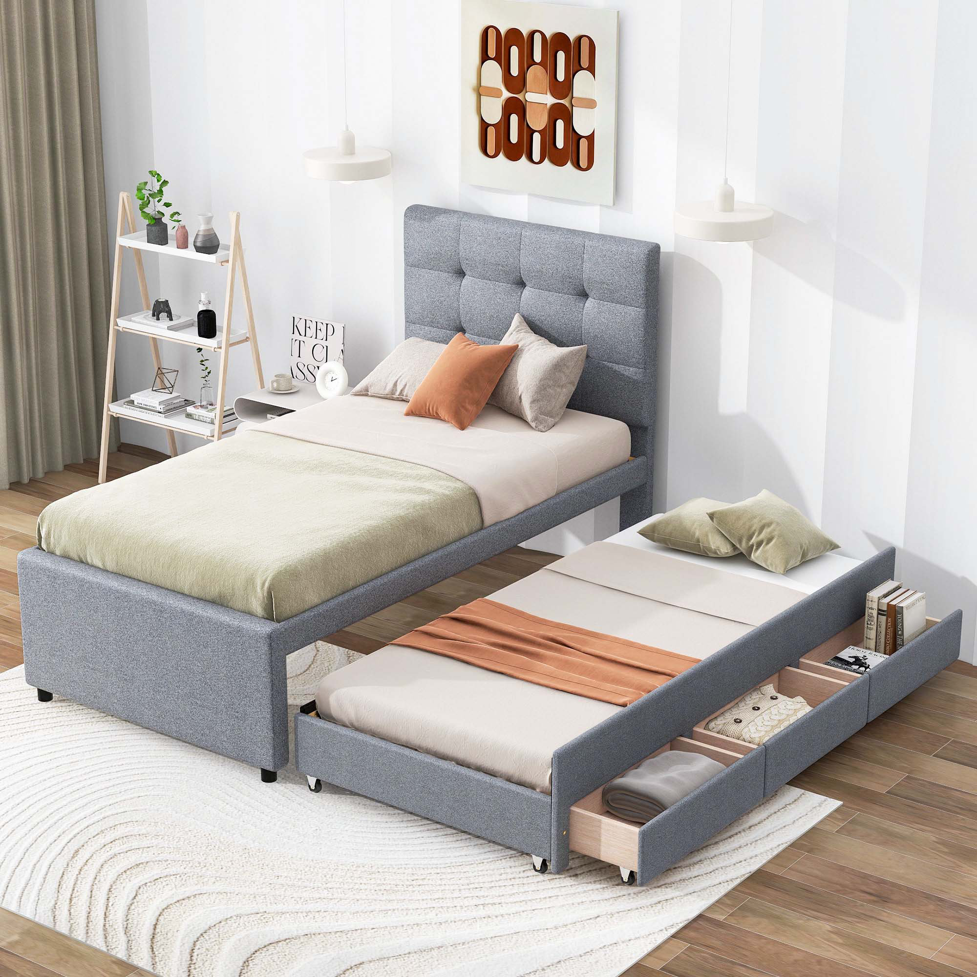Latitude Run® Upholstered Platform Bed With Pull-Out Trundle And 3 ...