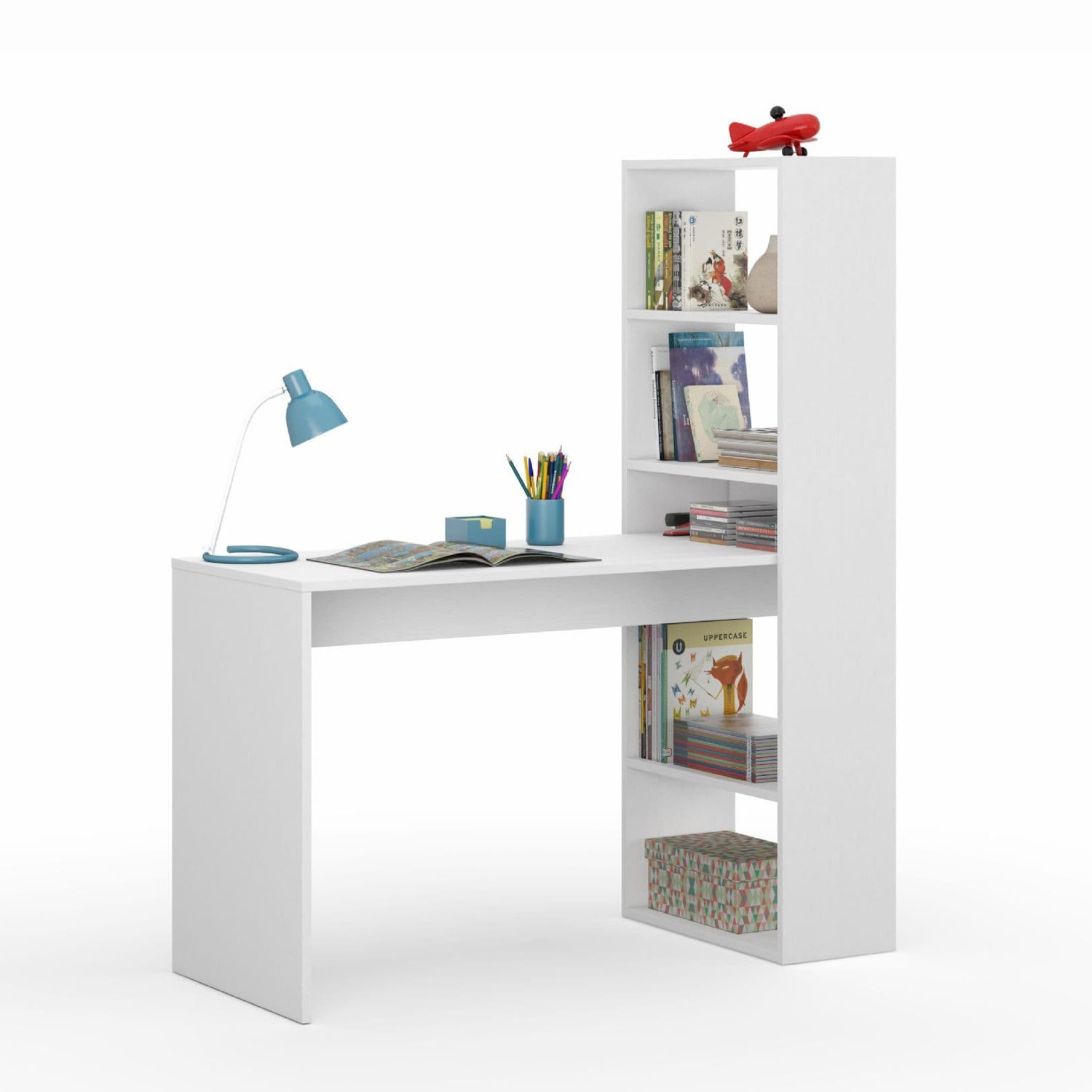Brayden Studio Double Matt White Computer Desk Table With Bookcase ...